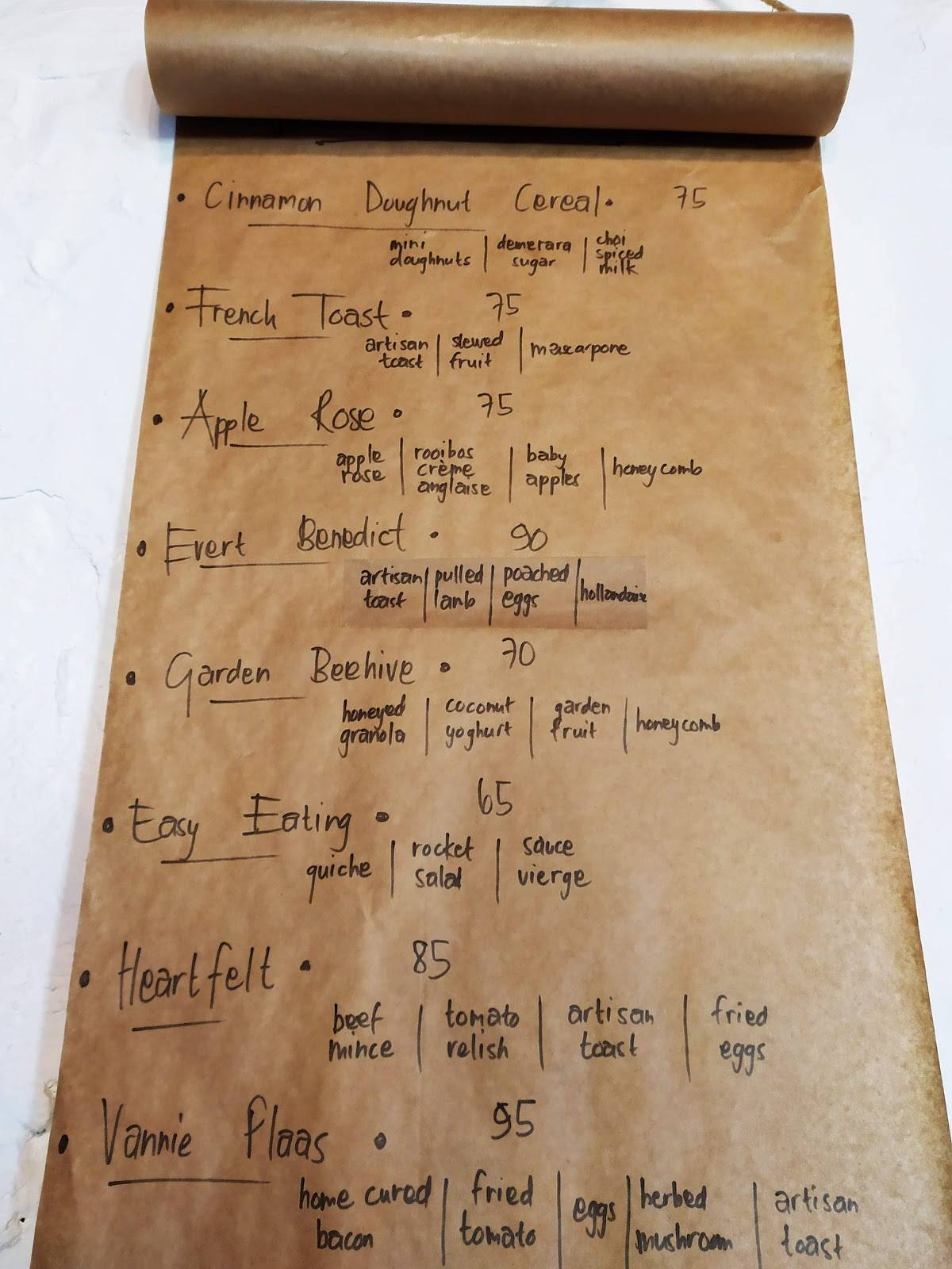 Menu at Evert Opstal Restaurant, Cape Town