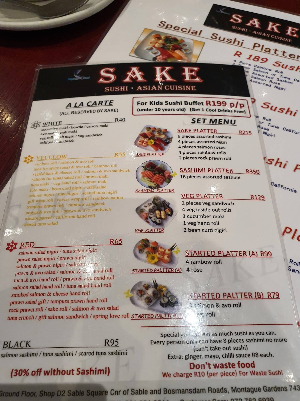 Menu at Sake Sushi restaurant, Cape Town, Sable Square