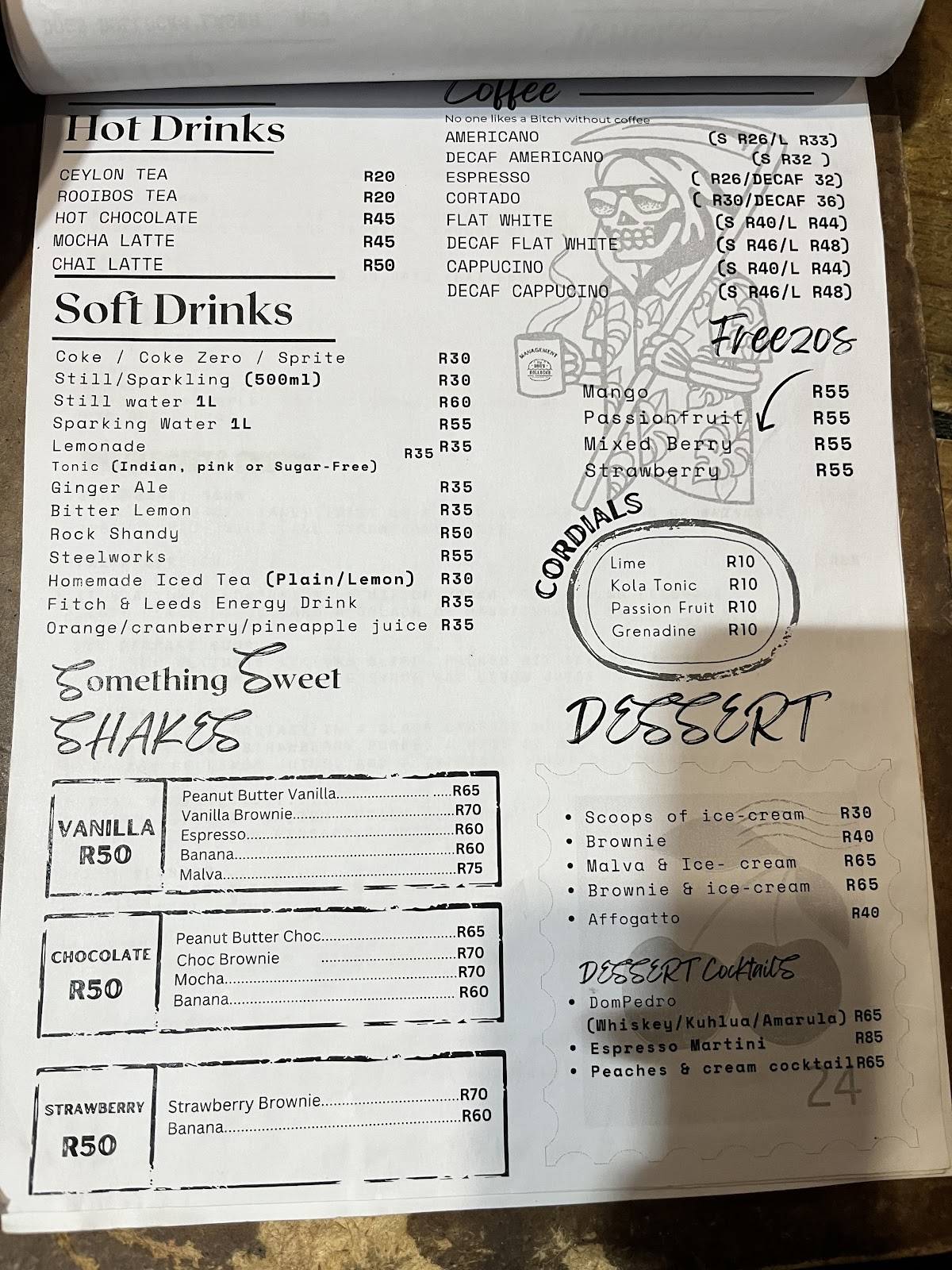 Menu at The Dog's Bollocks at YARD restaurant, Cape Town