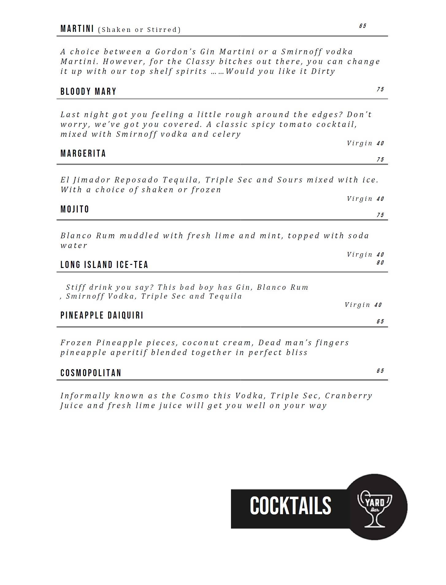 Menu at The Dog's Bollocks at YARD restaurant, Cape Town