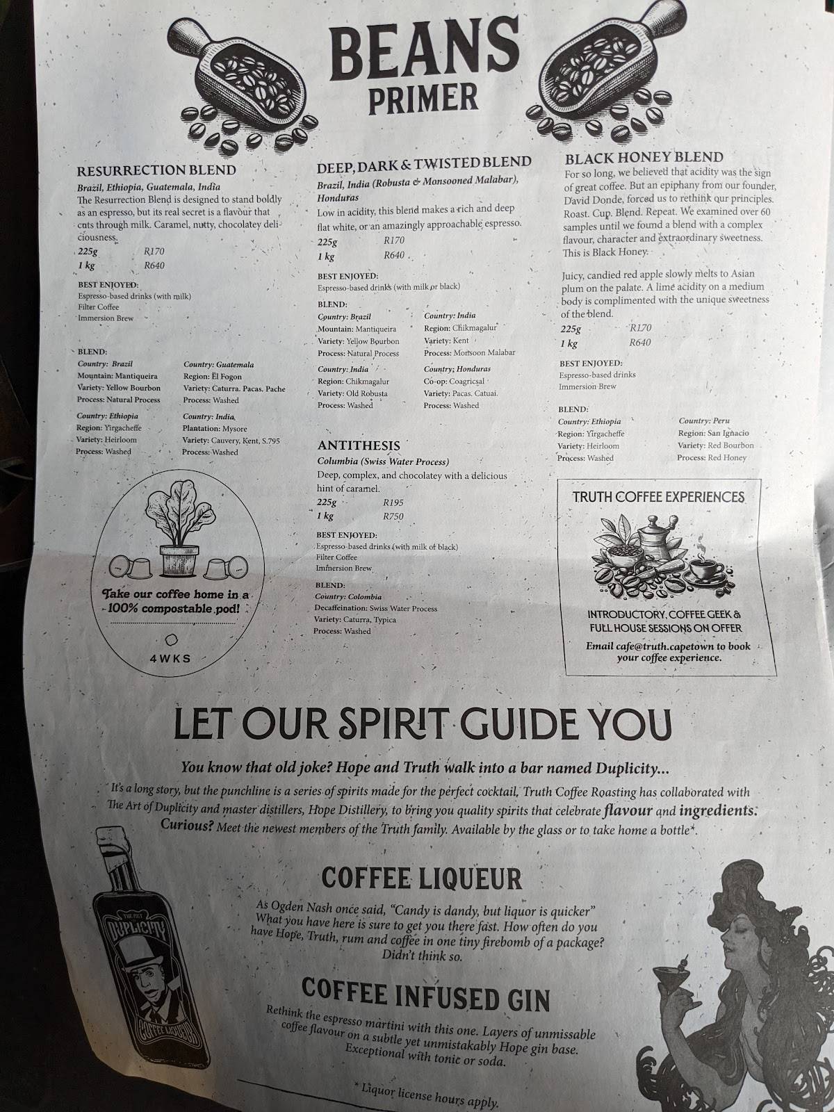 Menu at Truth Coffee Roasting cafe, Cape Town, 36 Buitenkant St