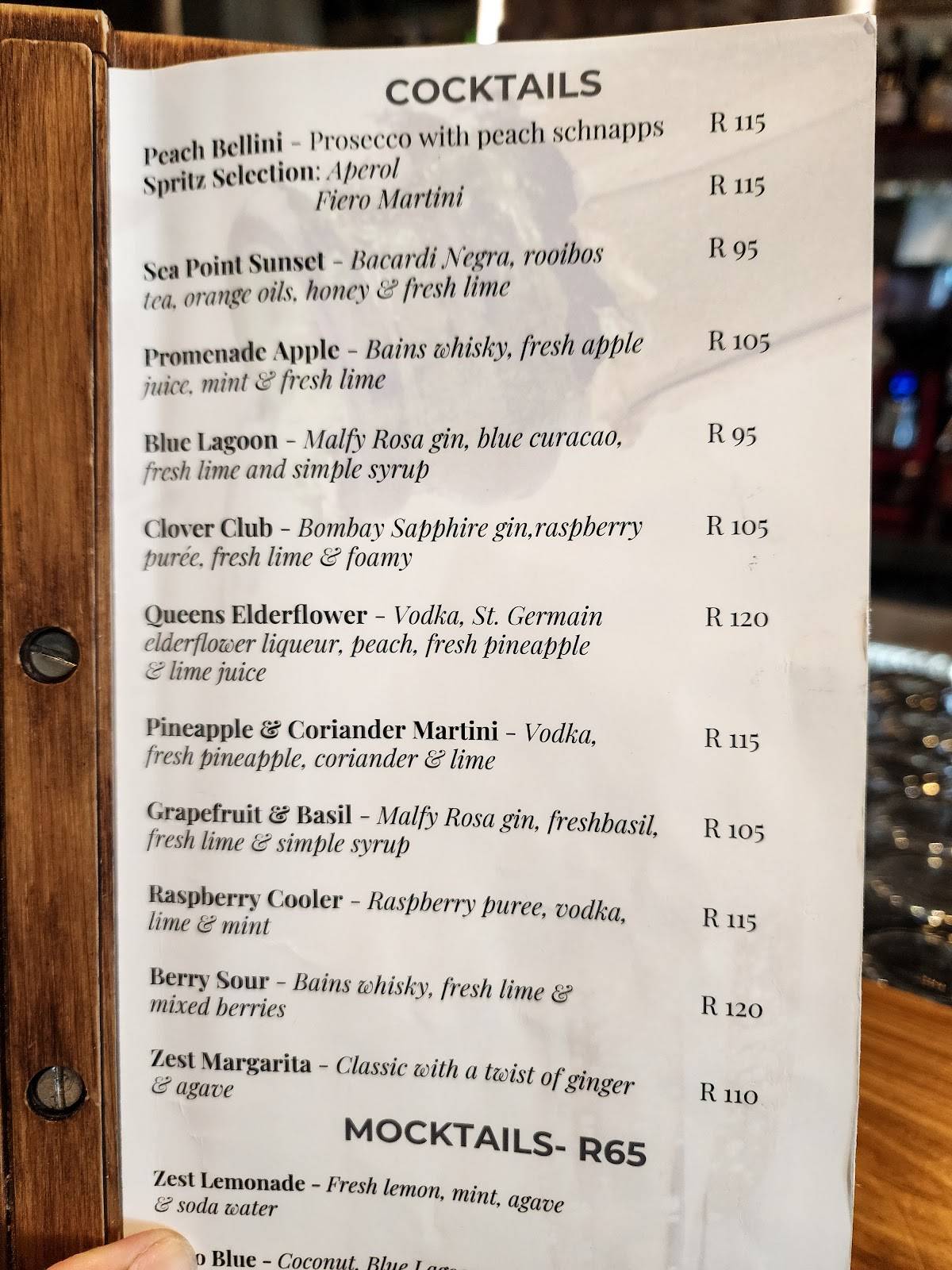 Menu at Zest Restaurant, Cape Town, Piazza Da Luz