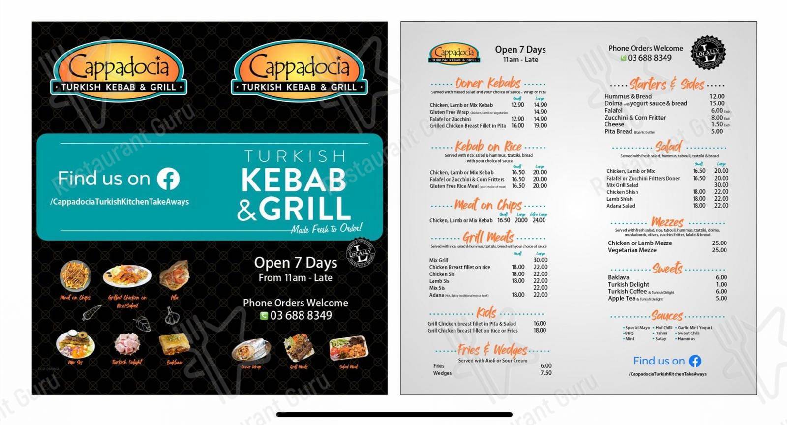 Menu at Cappadocia Turkish Kitchen restaurant, Timaru