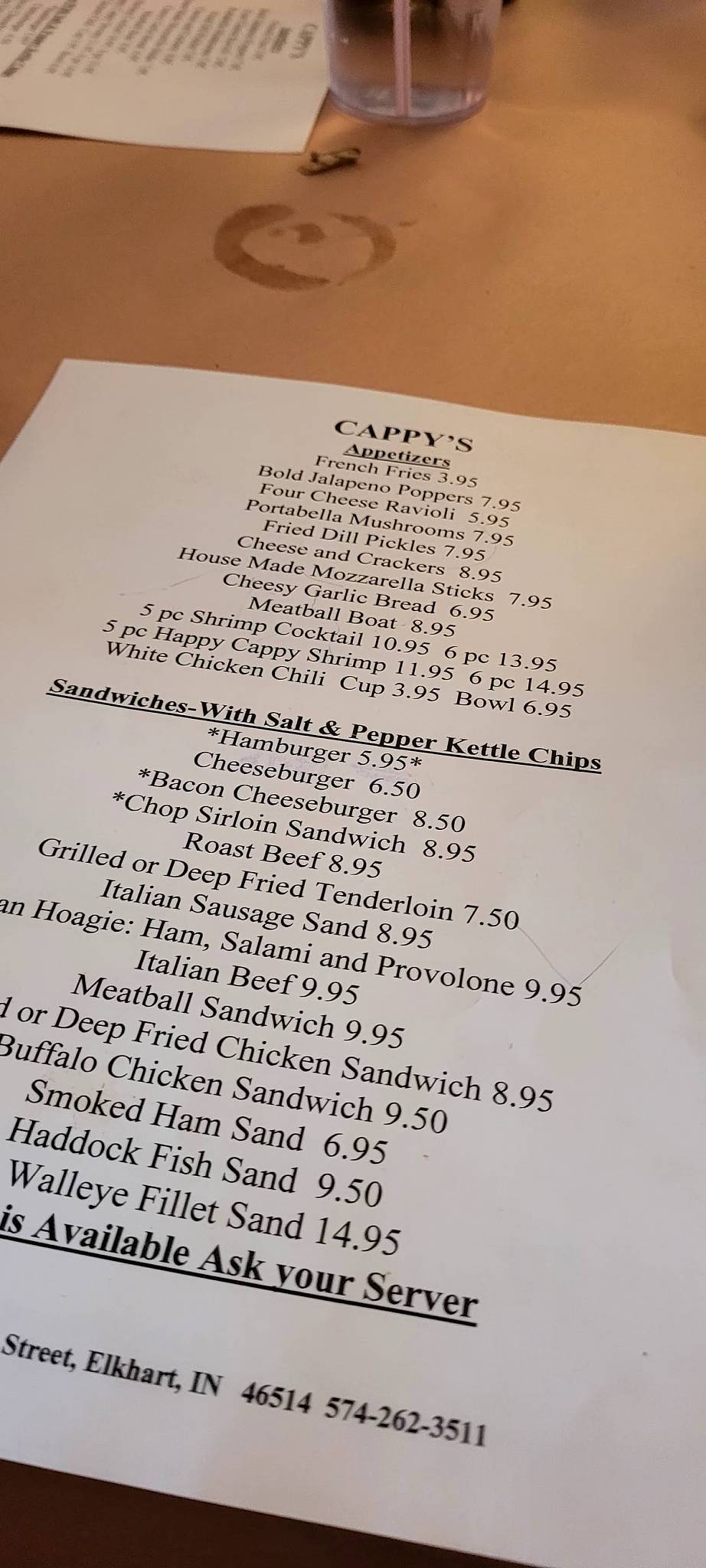 Menu at Cappy's Northside Bar and Grill, Elkhart