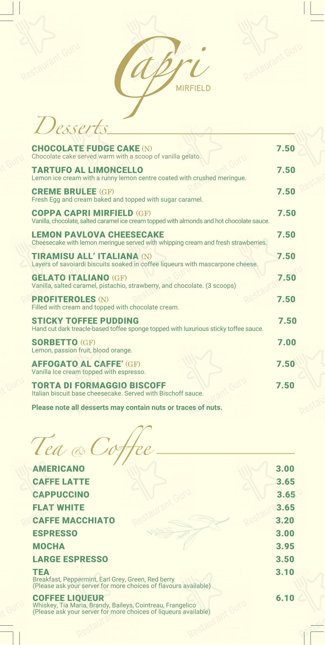 Menu at Capri Mirfield restaurant, Mirfield