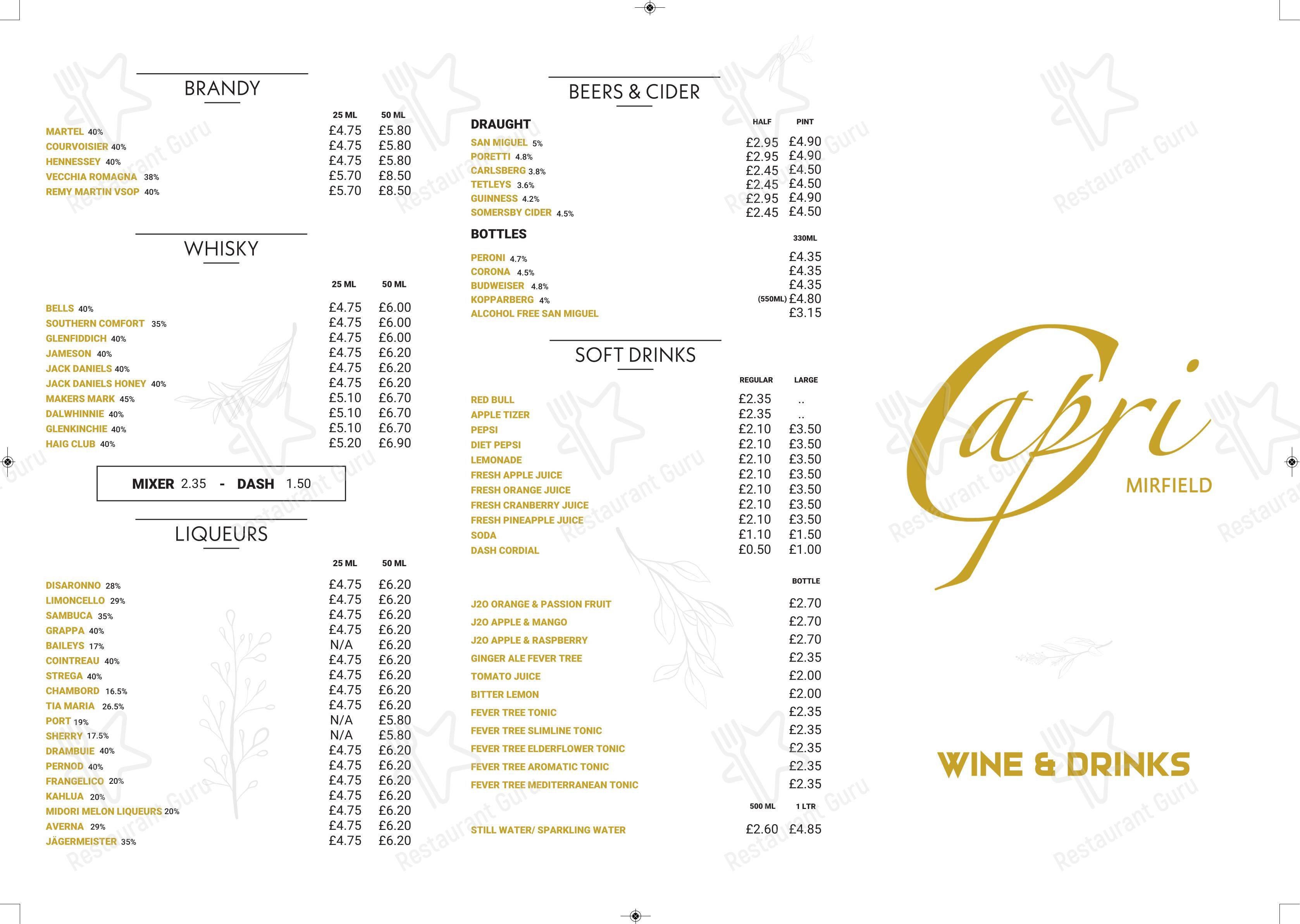 Menu at Capri Mirfield restaurant, Mirfield
