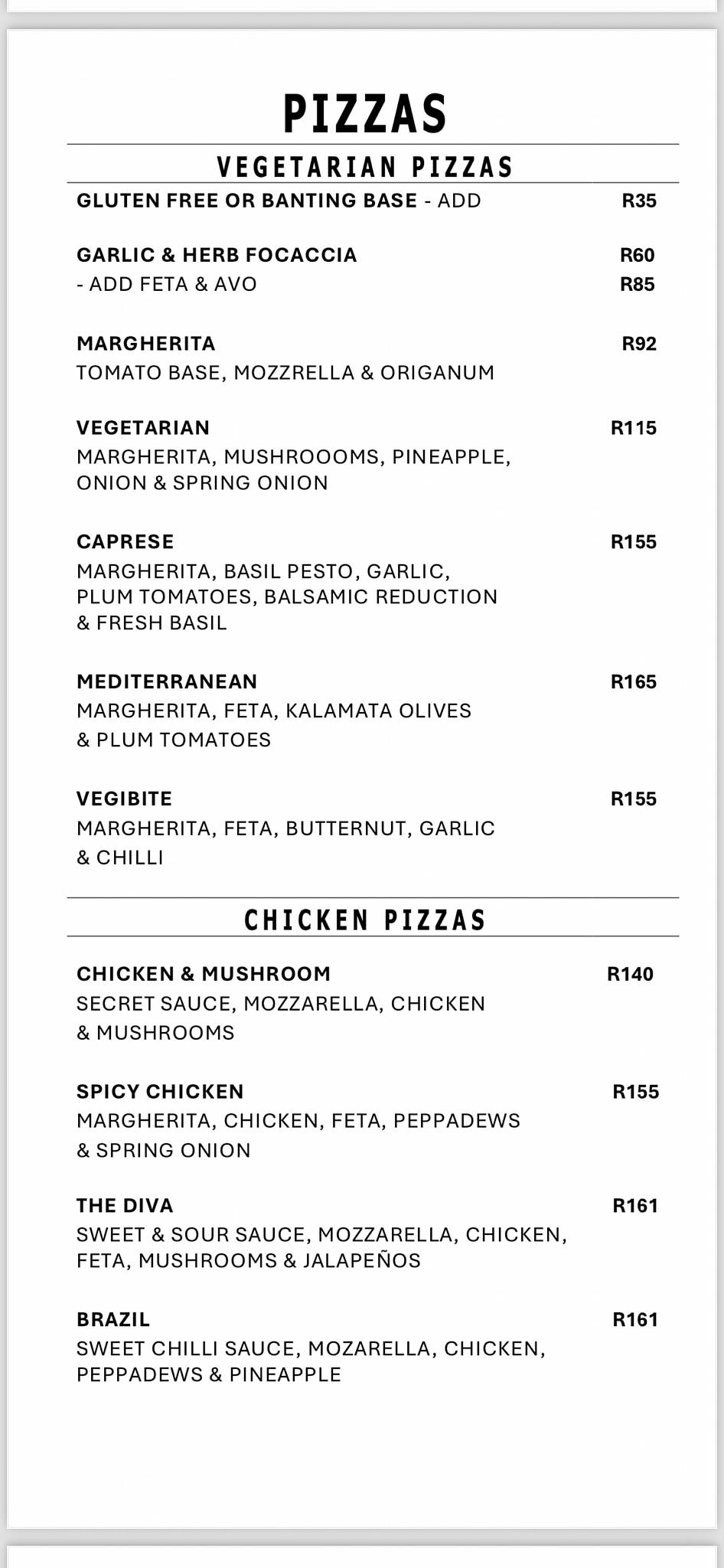 Menu at Capri Restaurant and Bar, Cape Town