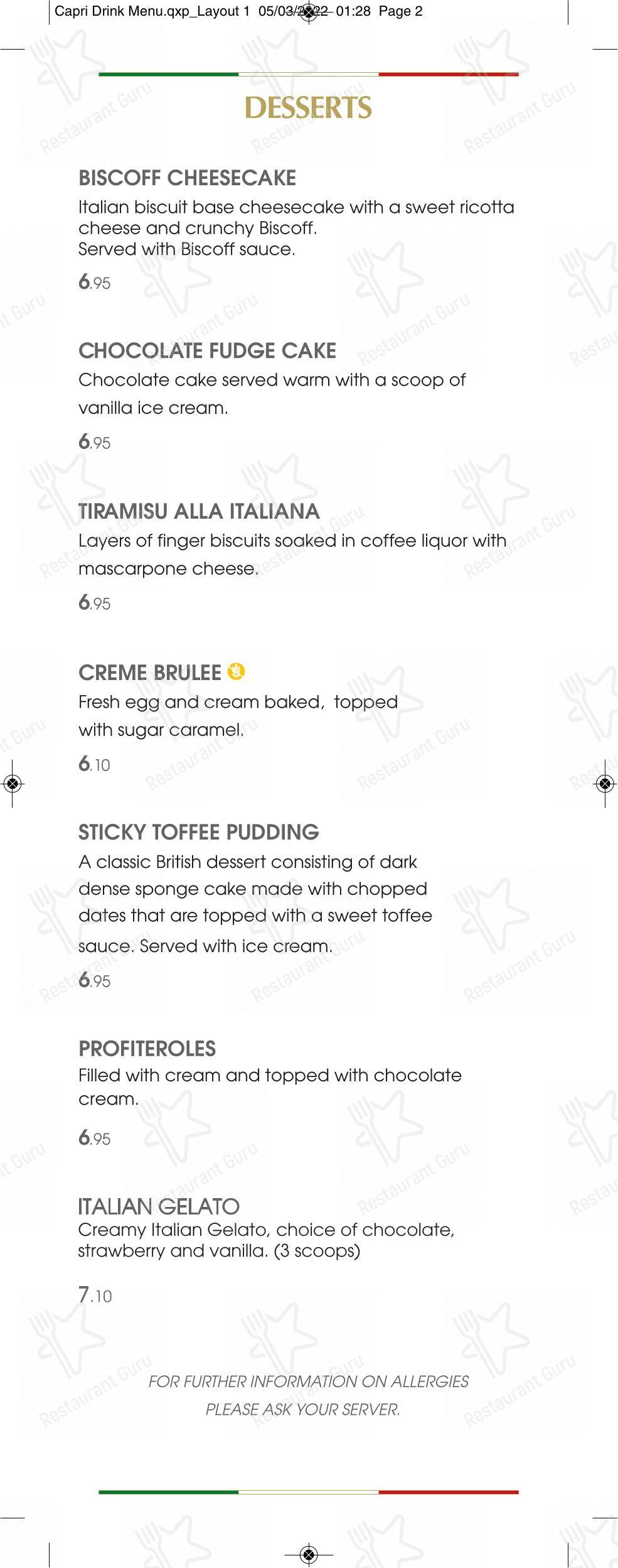 Menu at Capri at the Containers restaurant, Leeds