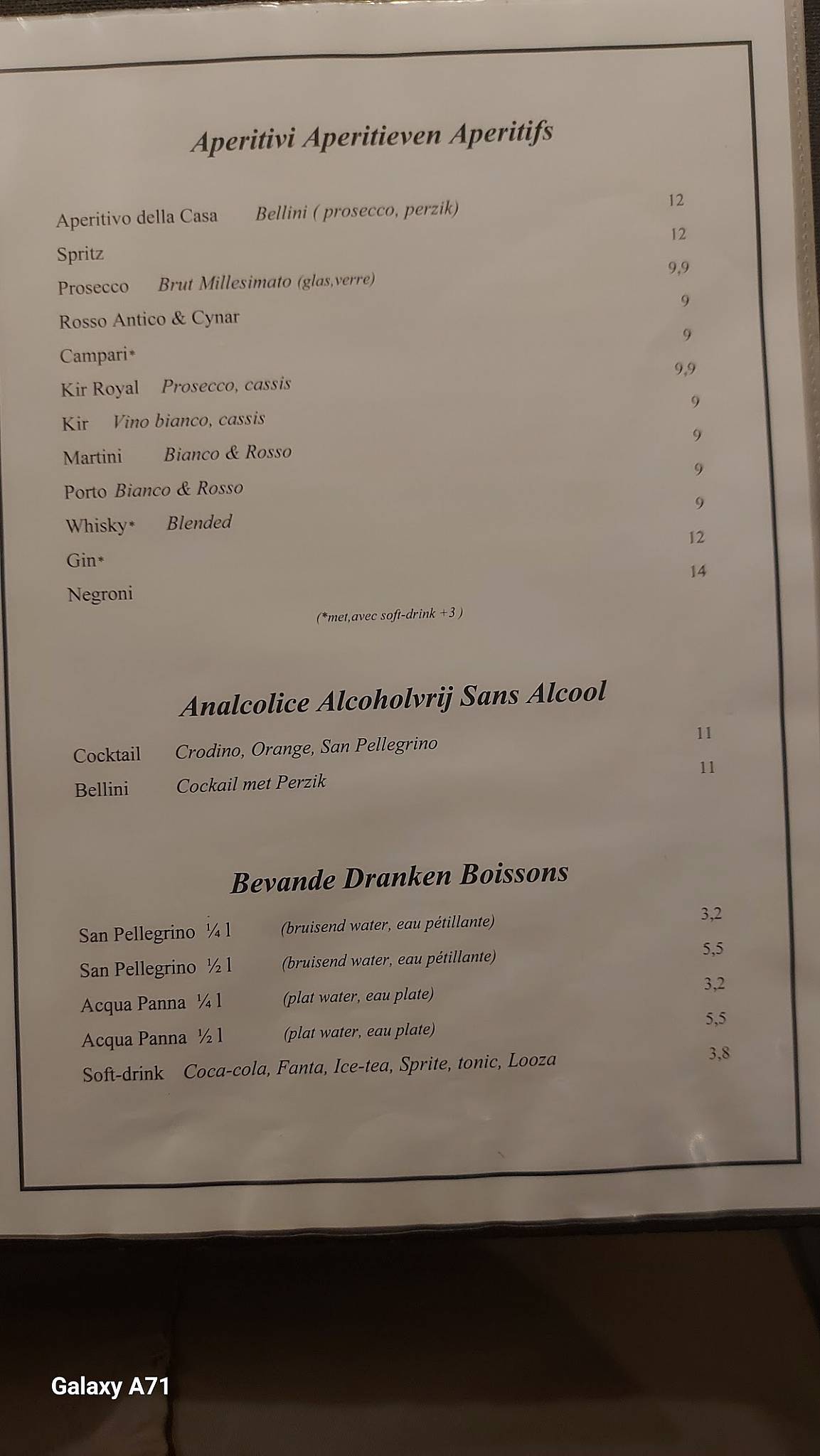 Menu at Capriccio, Tervuren