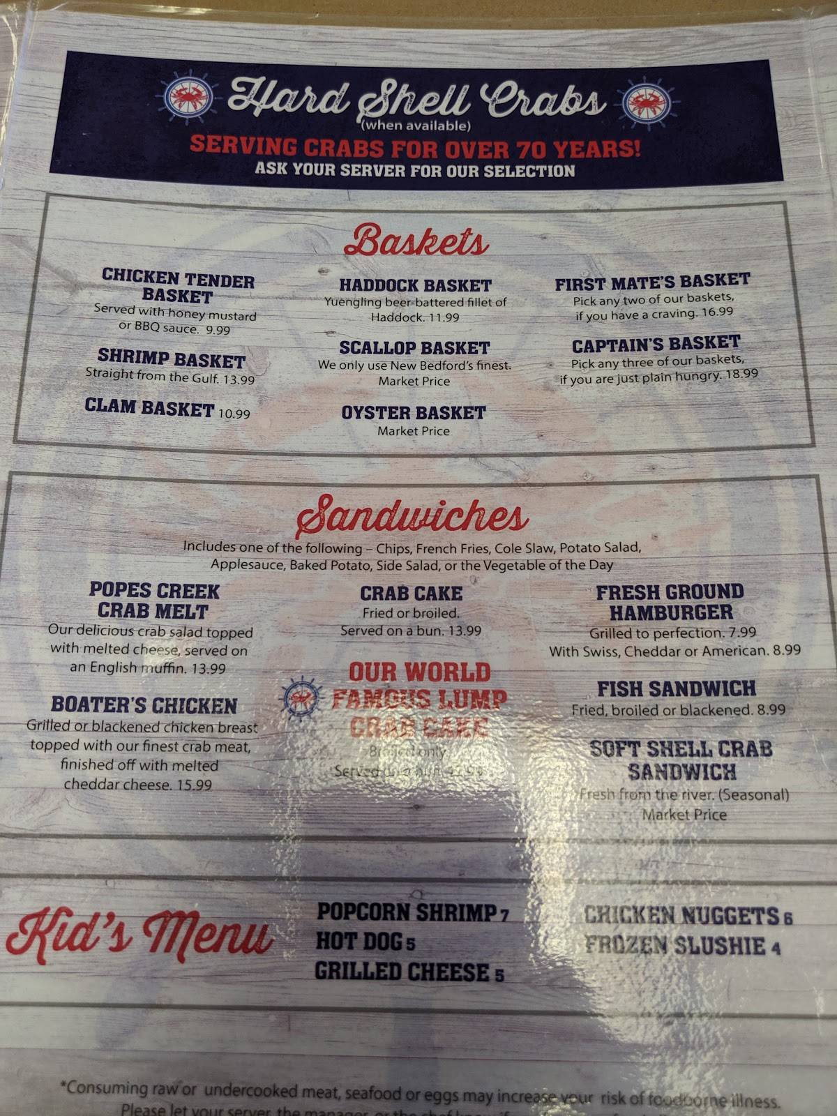 Menu at Captain Billy's Crab House restaurant, Popes Creek