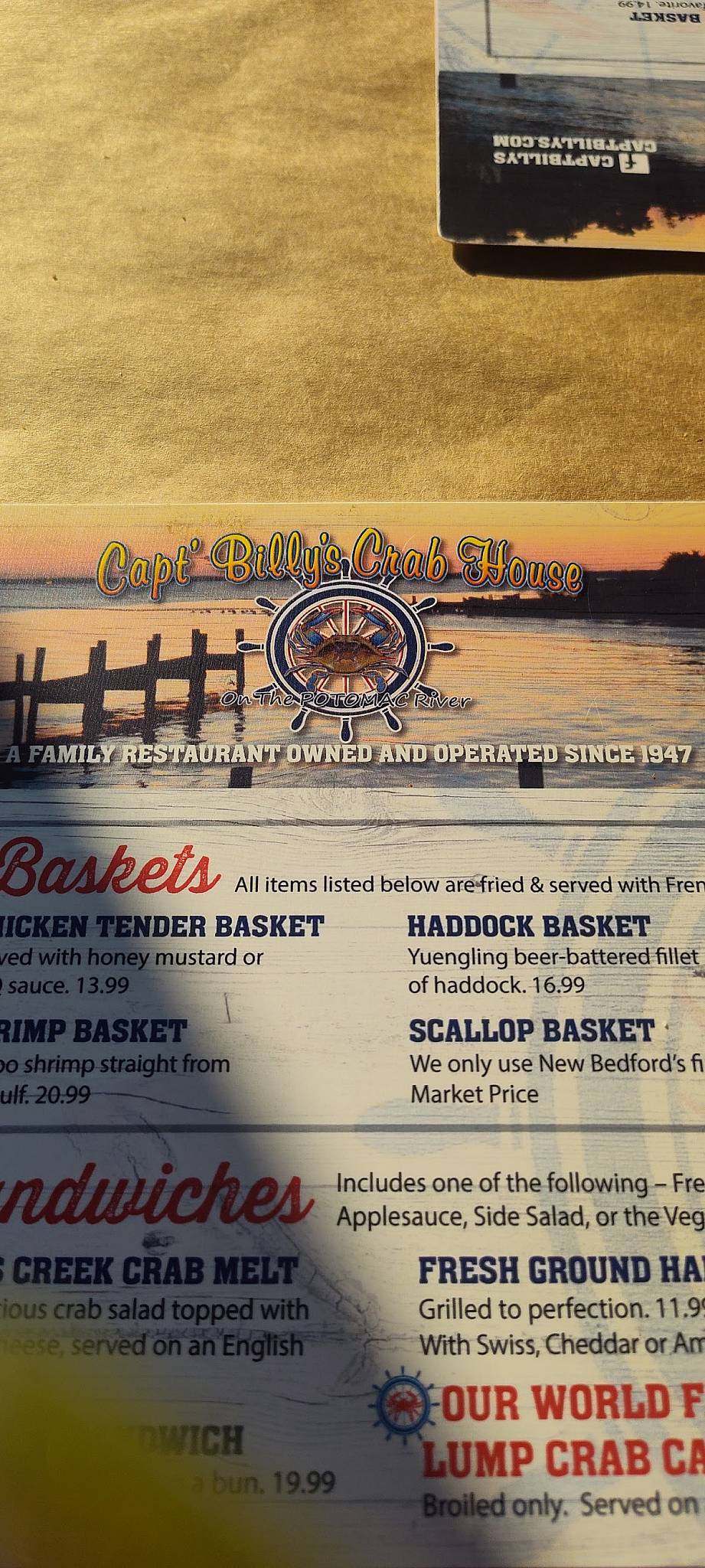 Menu at Captain Billy's Crab House restaurant, Popes Creek