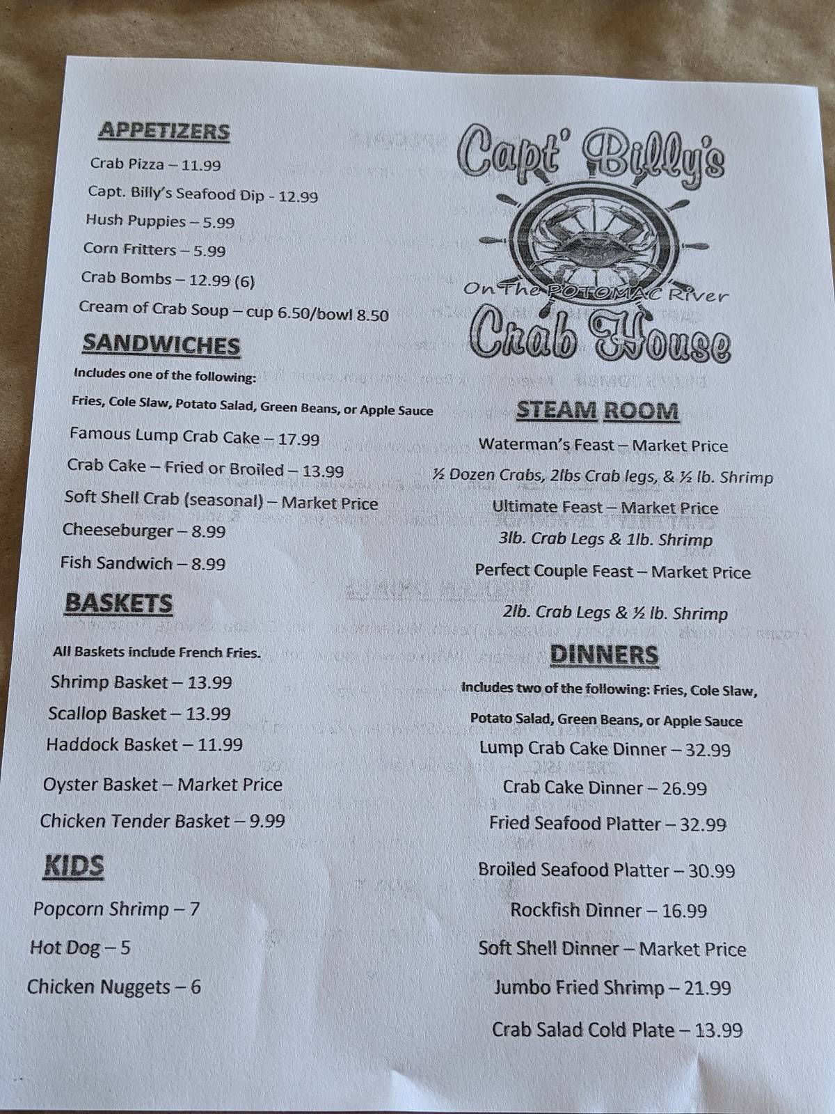 Menu at Captain Billy's Crab House restaurant, Popes Creek