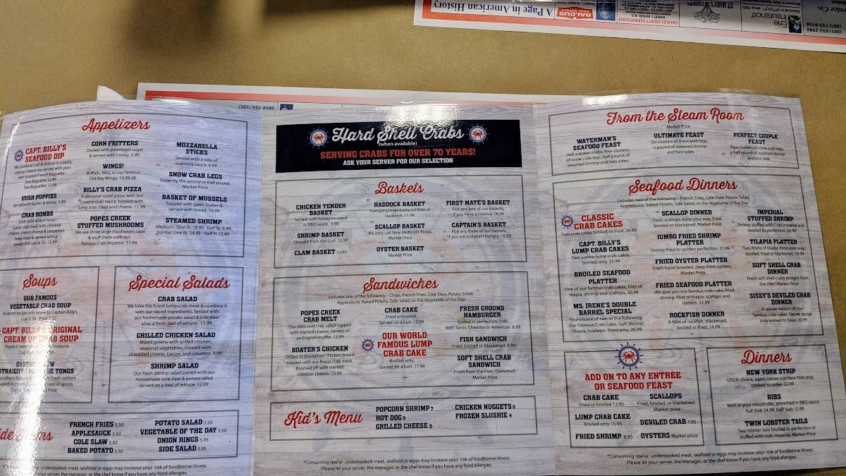 Menu at Captain Billy's Crab House restaurant, Popes Creek