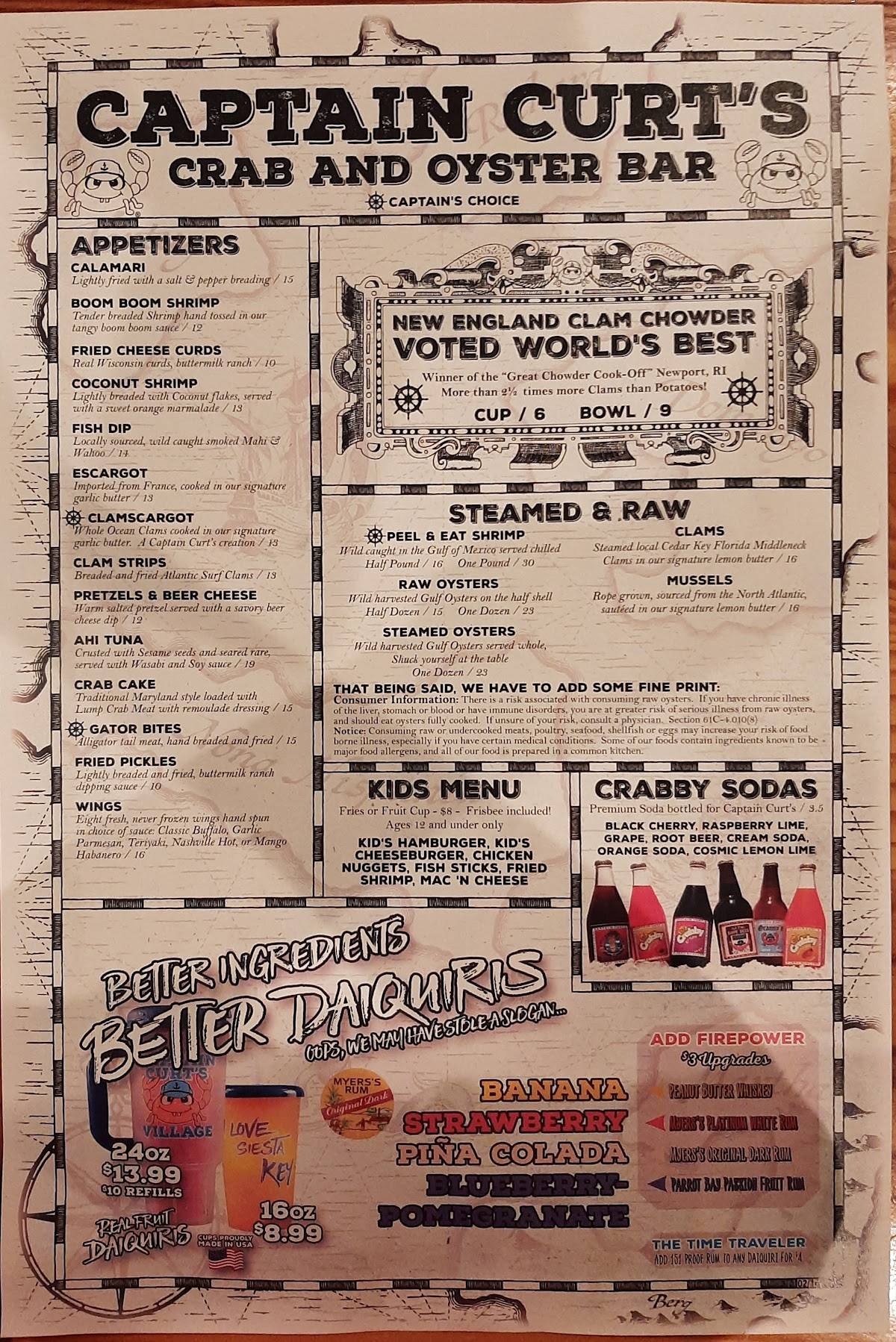Menu at Captain Curt's Crab & Oyster Bar, Sarasota, Old Stickney Point Rd