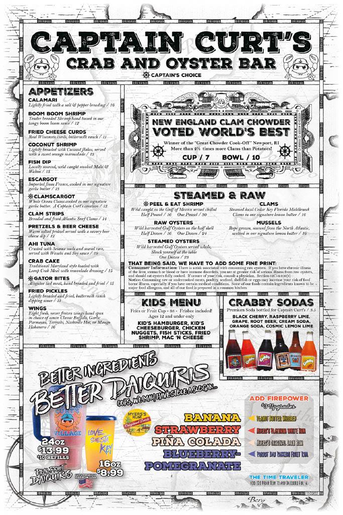 Menu at Captain Curt's Crab & Oyster Bar, Sarasota, Old Stickney Point Rd