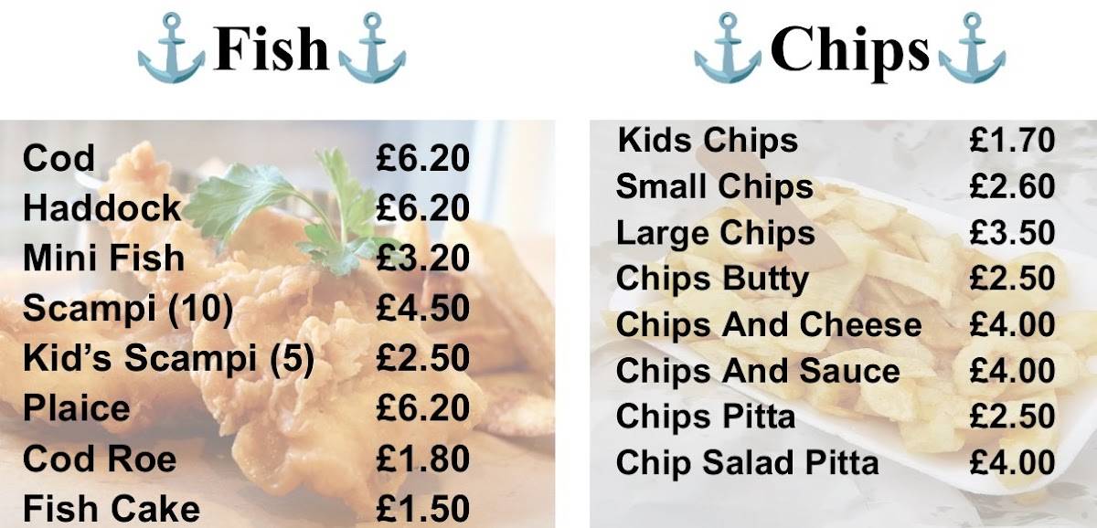 Menu at Captain cooks chippy restaurant, Irthlingborough