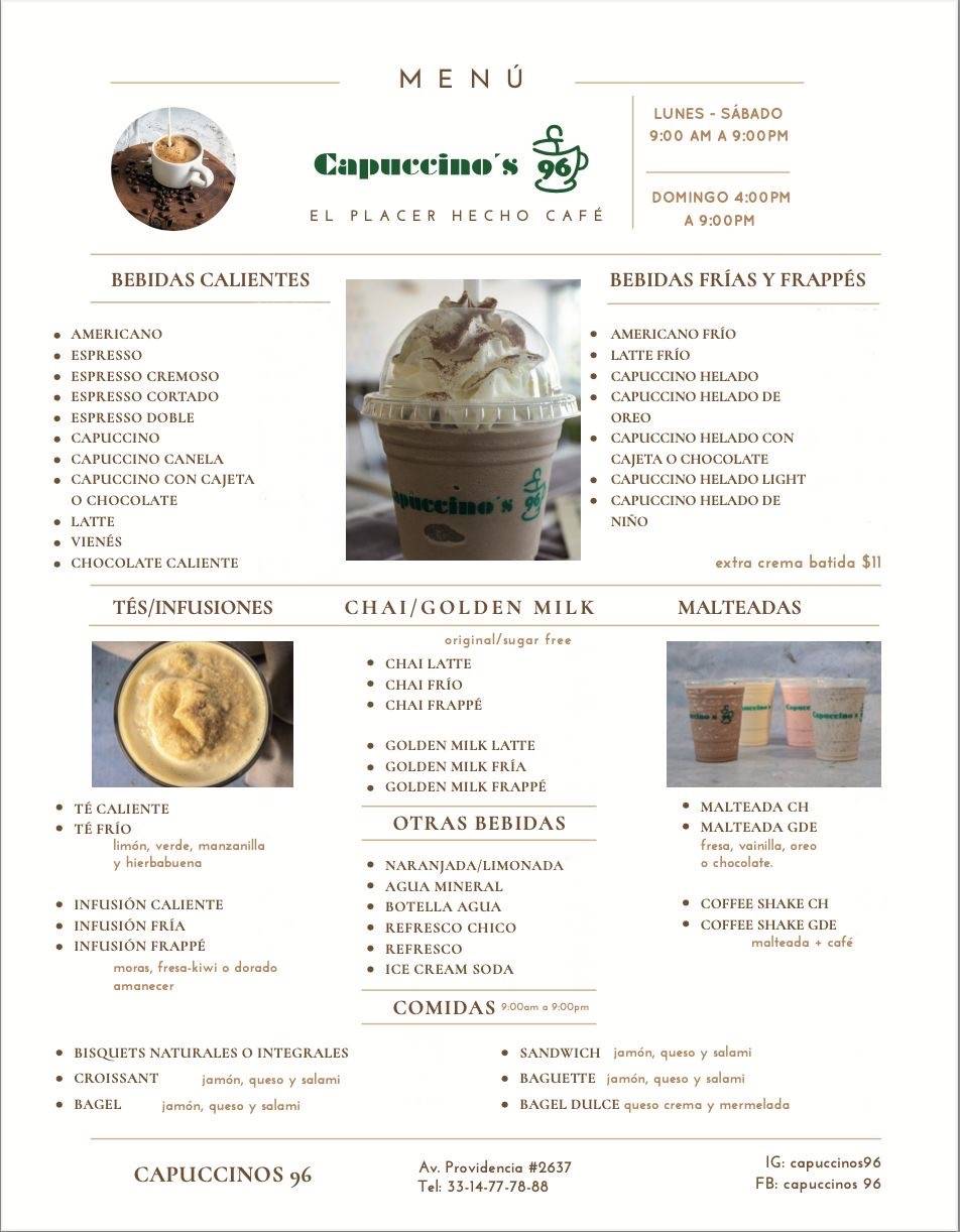 Menu at Capuccinos 96 cafe, Guadalajara, Av Providencia 2637