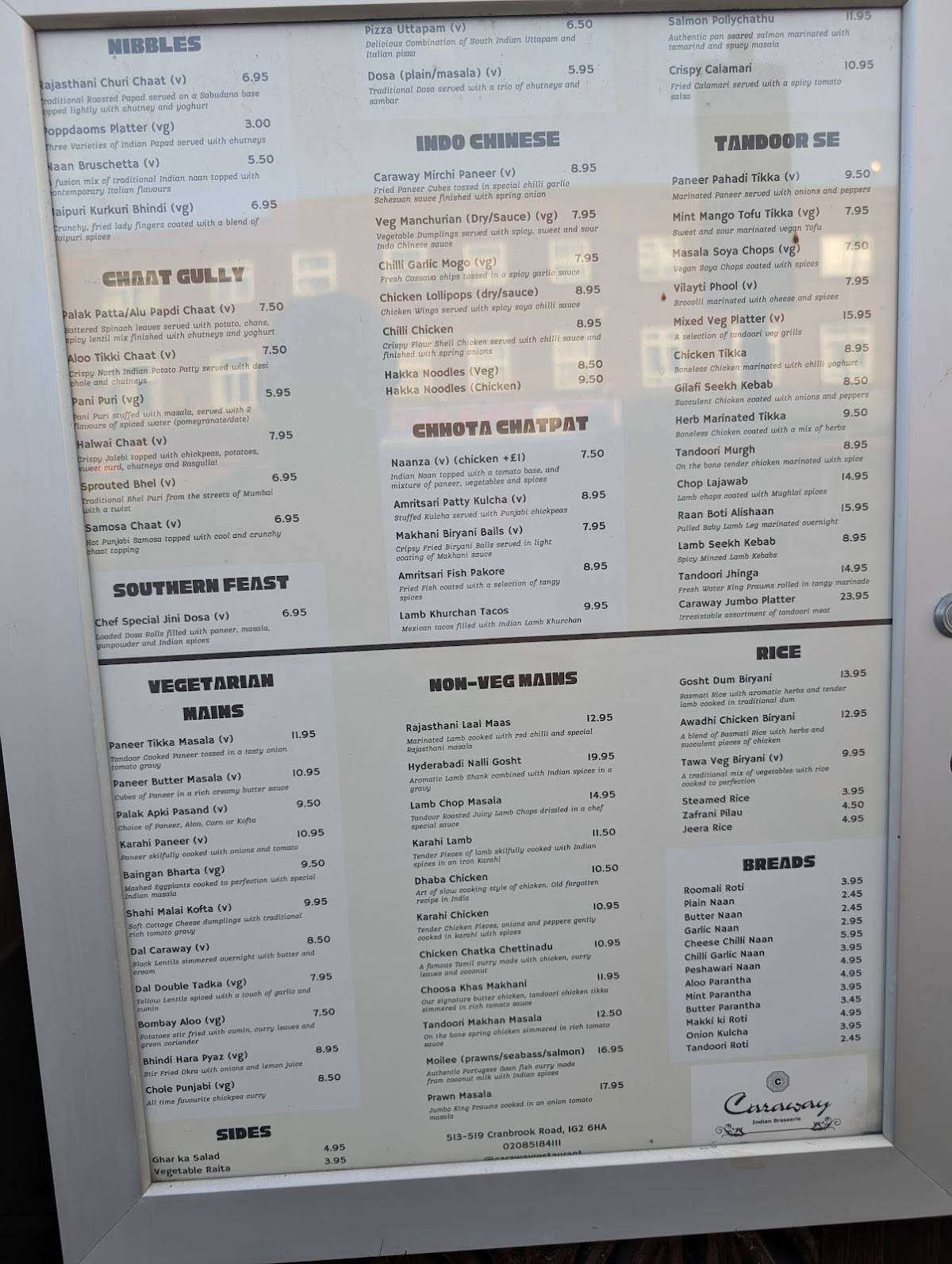Menu at Caraway restaurant, Ilford