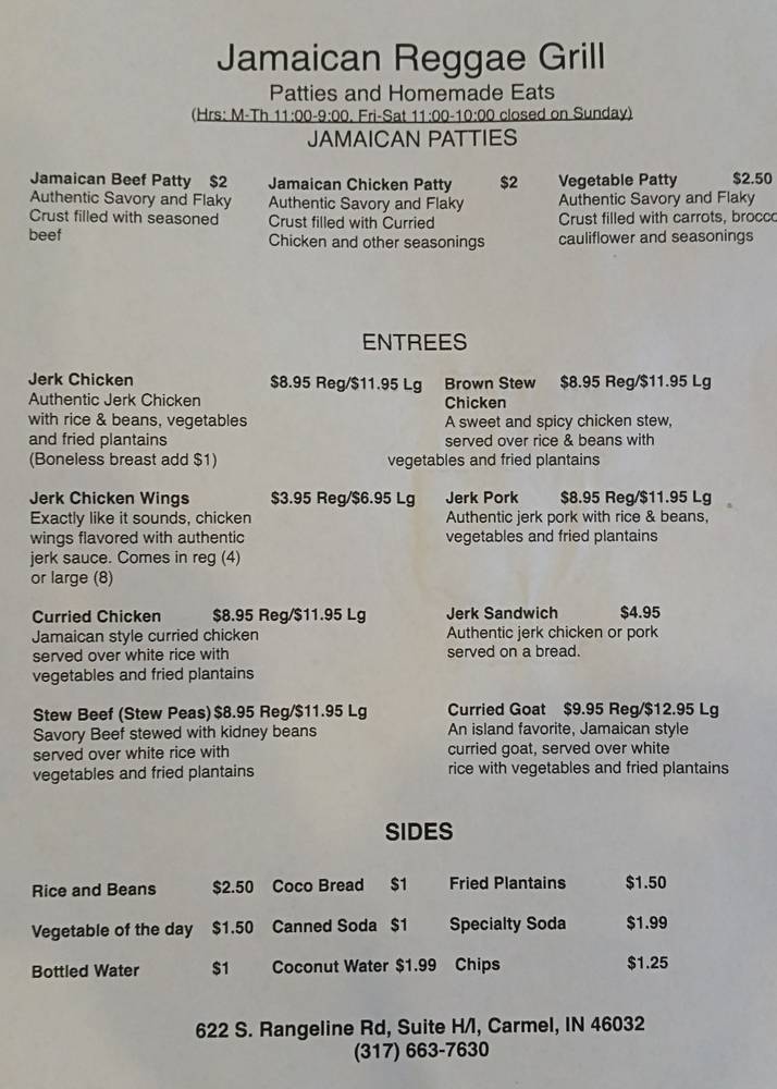 Menu at Jamaican Reggae Grill restaurant, Carmel