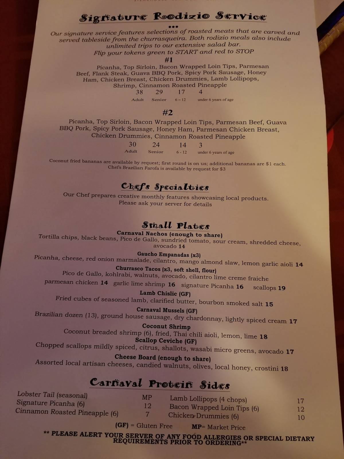 Menu at Carnaval Brazilian Grill restaurant, Sioux Falls