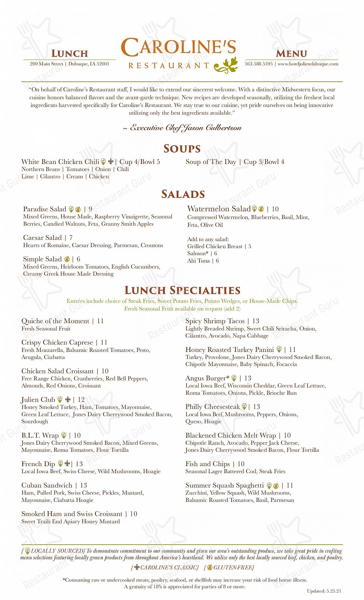 Menu at Caroline's Restaurant, Dubuque