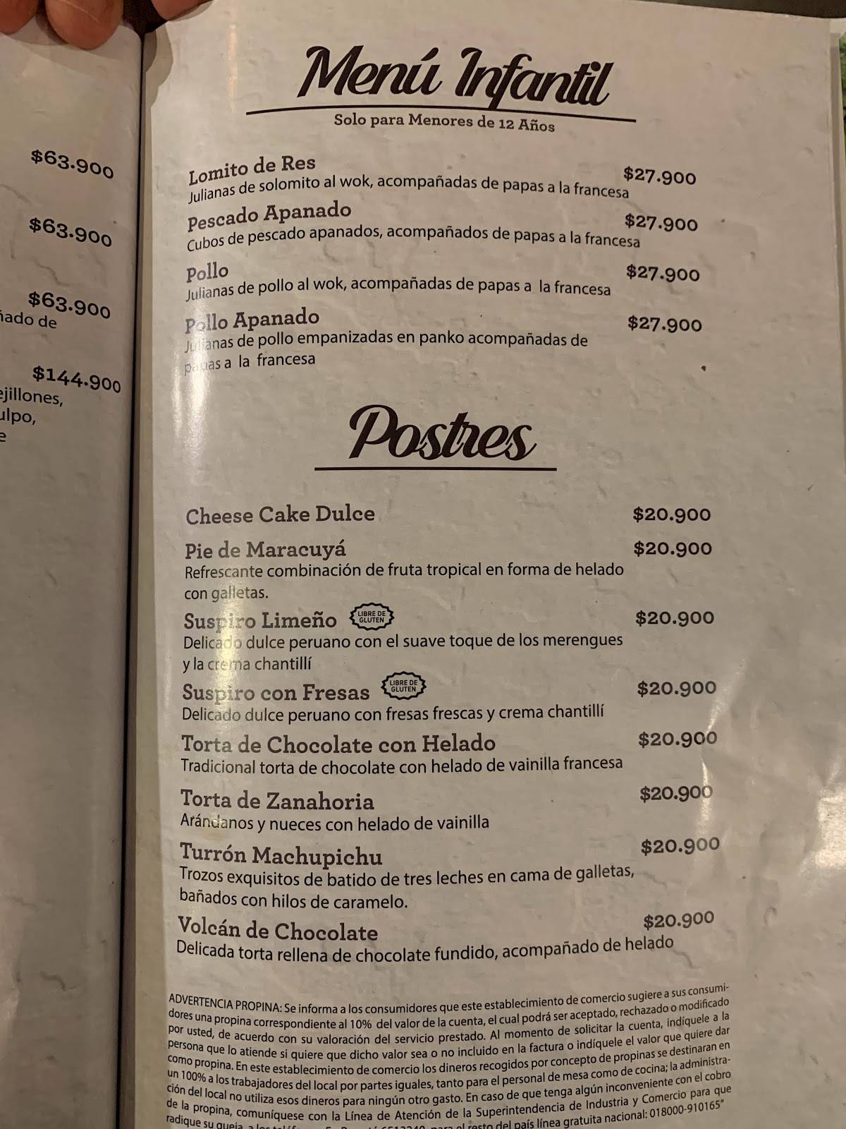 Carta del restaurante Cuzco Cocina Peruana, Cartagena