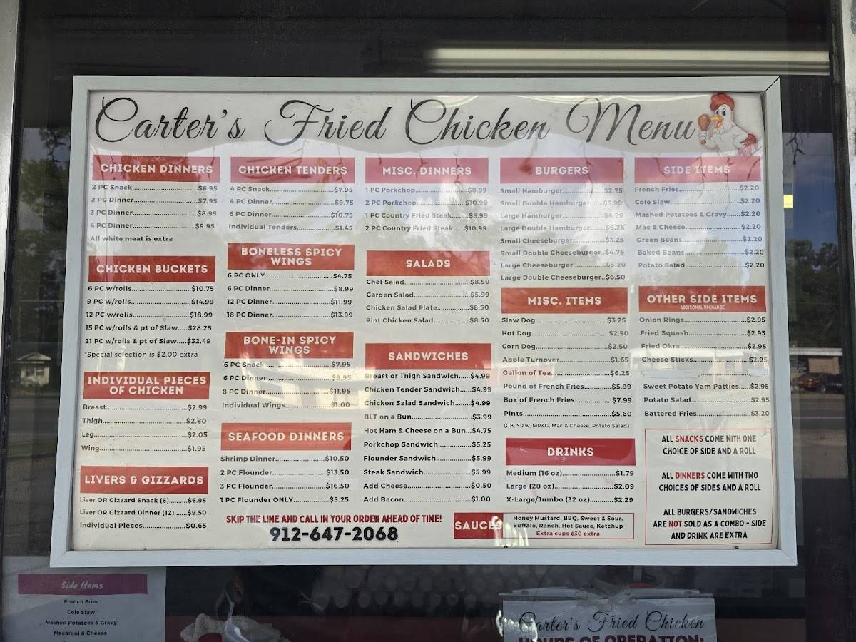 Menu at Carter's Fried Chicken restaurant, Patterson
