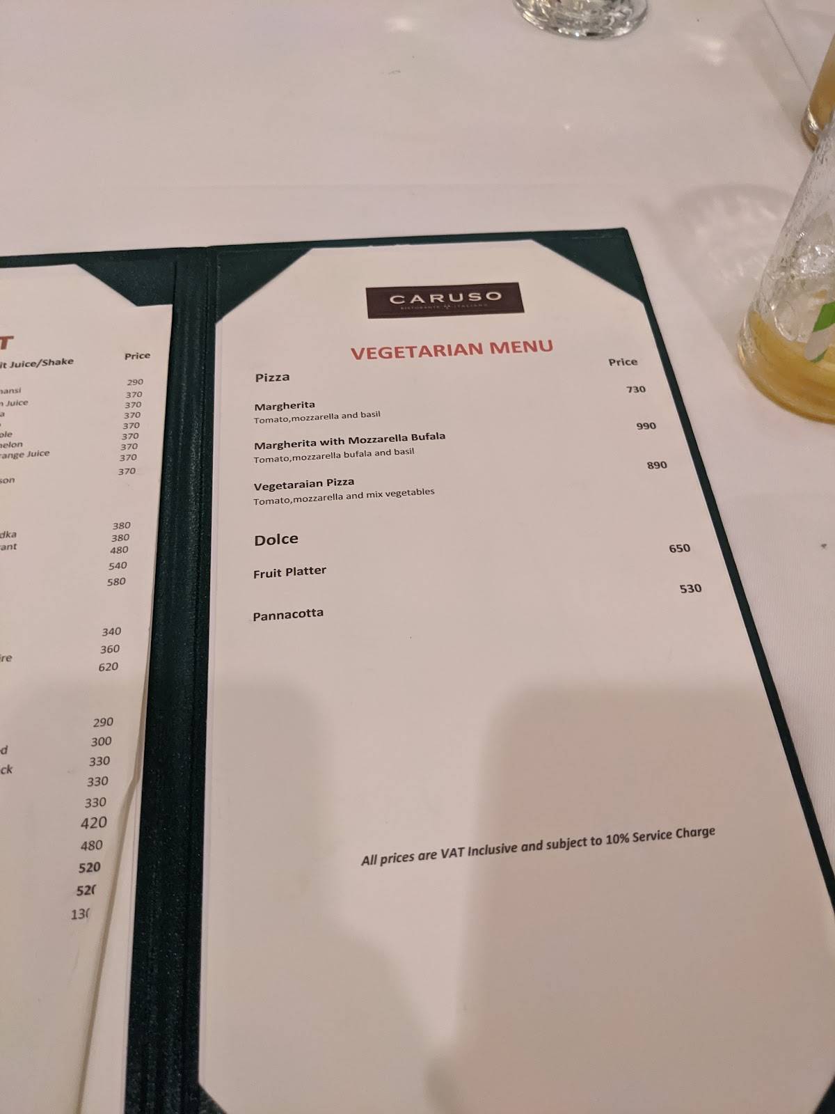 Menu at Caruso Ristorante Italiano restaurant, Makati
