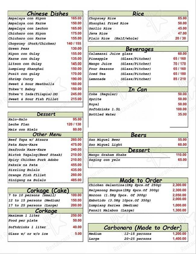 Menu at Carvajal Restaurant, Santa Rosa, 209 National Highway