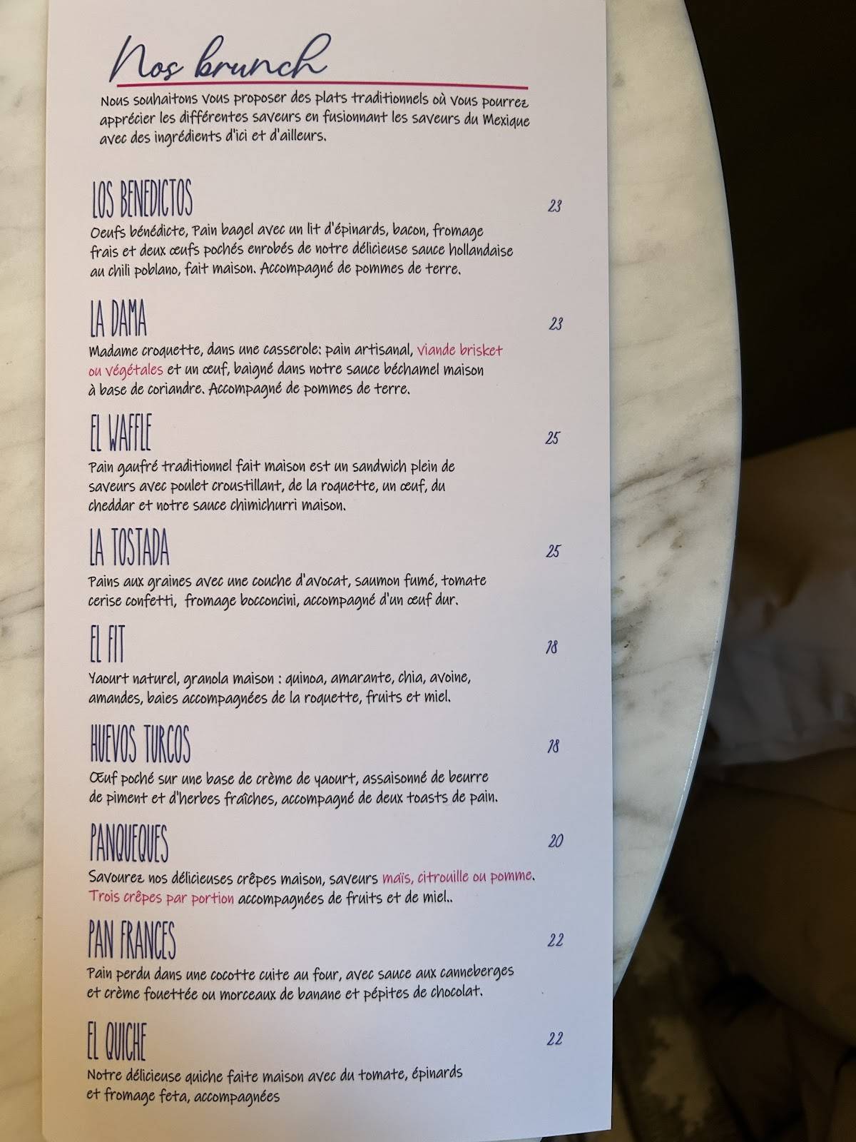 Menu au Casa Azul restaurant, Montréal, Saint Denis St