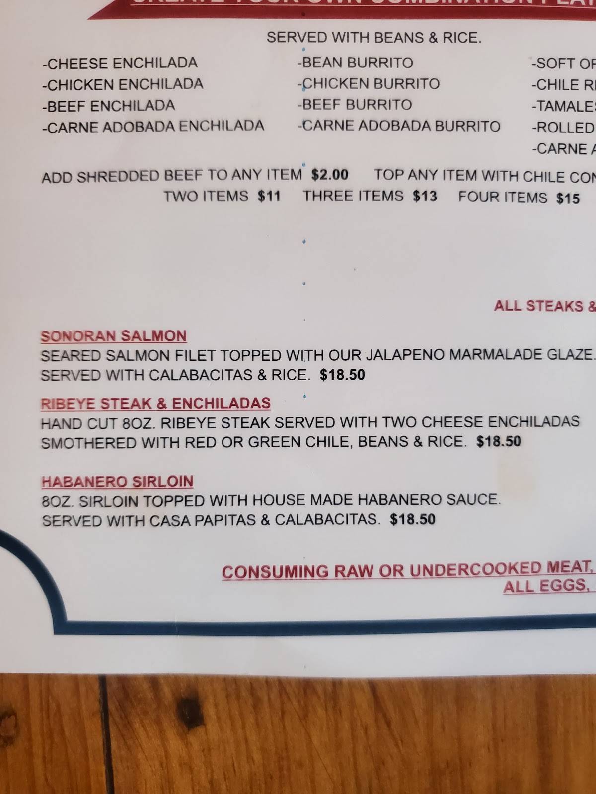 Menu at Casa De Suenos restaurant, Tularosa