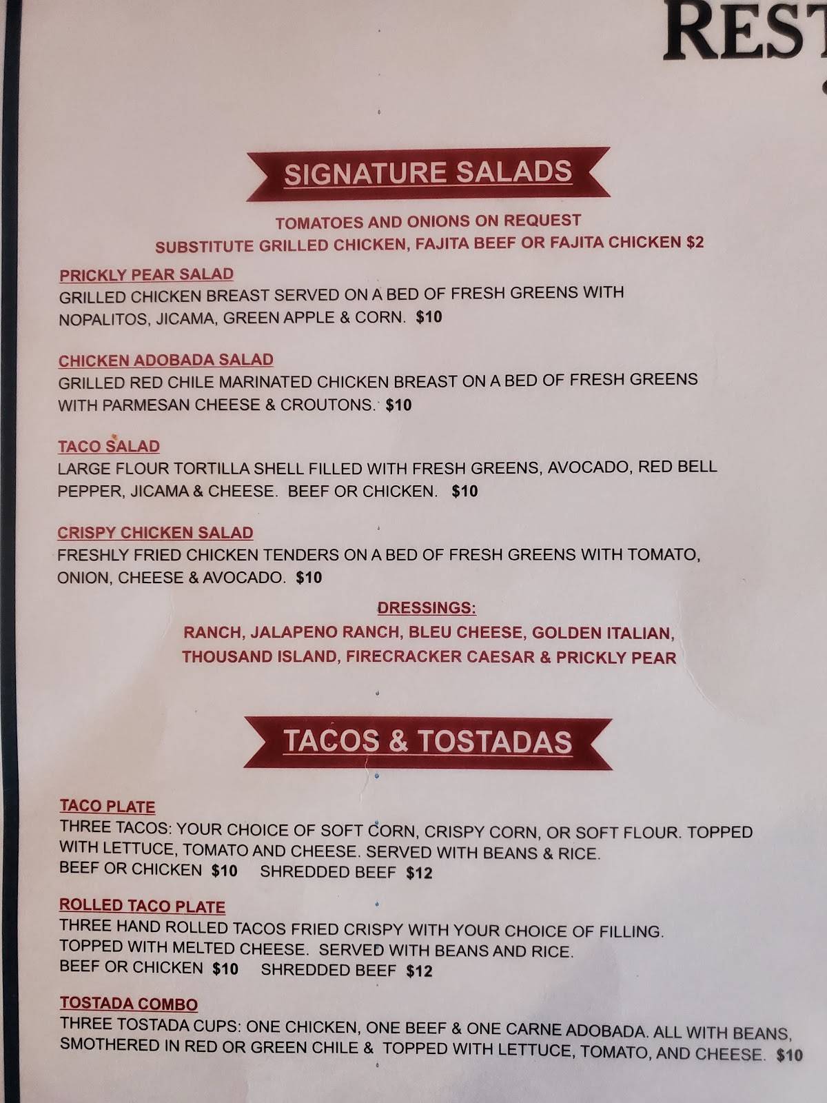 Menu at Casa De Suenos restaurant, Tularosa