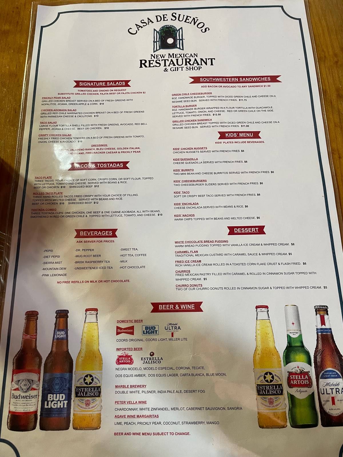 Menu at Casa De Suenos restaurant, Tularosa