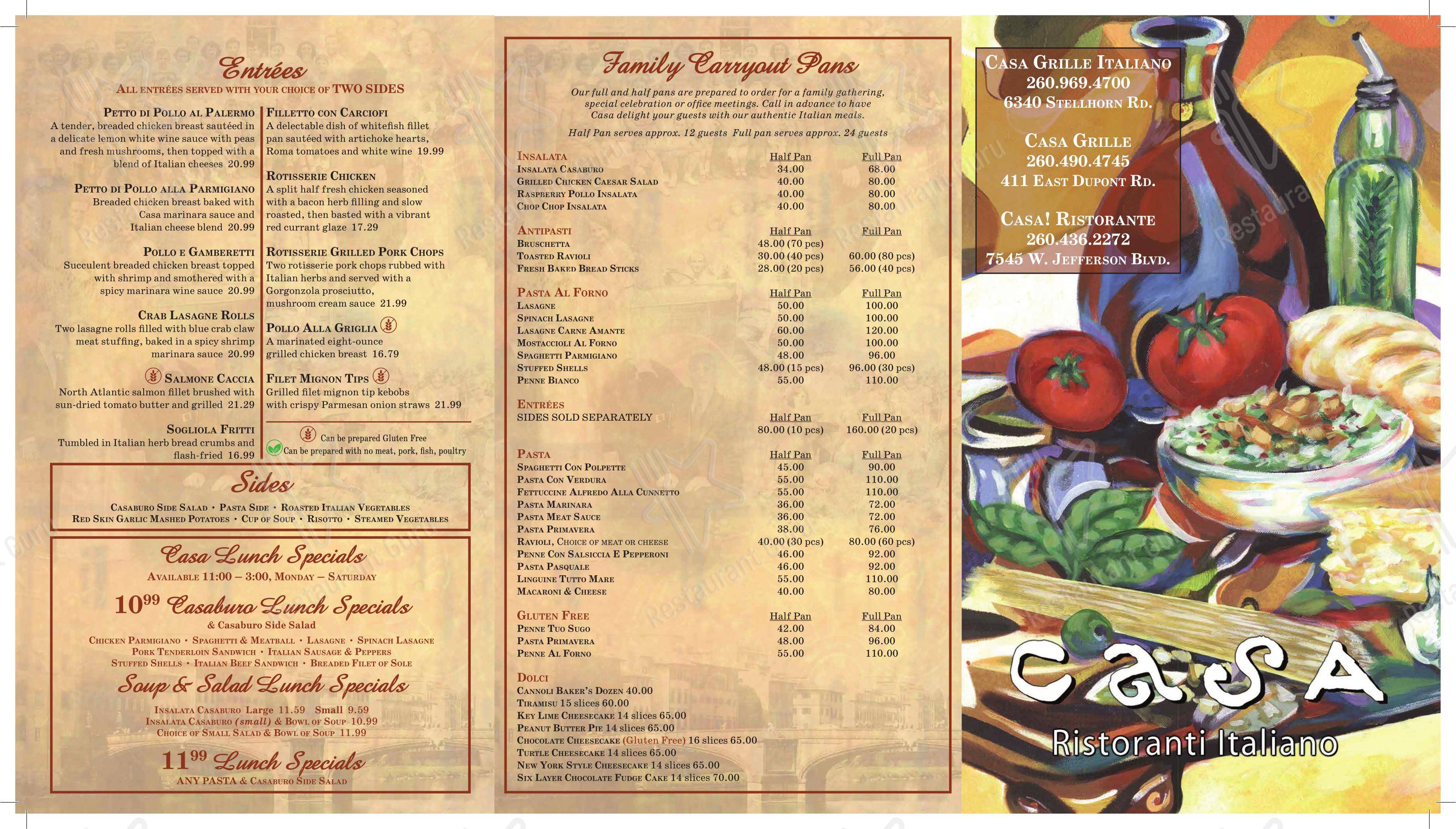 Menu at Casa Grille Italiano restaurant, Fort Wayne, Stellhorn Rd