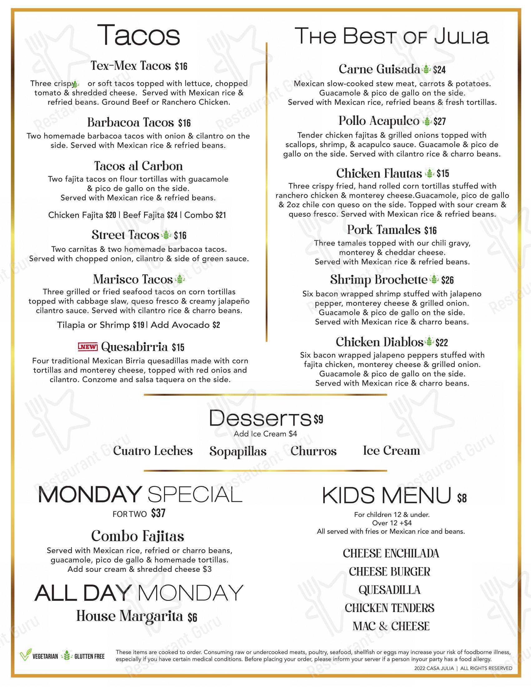 Menu at Casa Julia pub & bar, Mont Belvieu