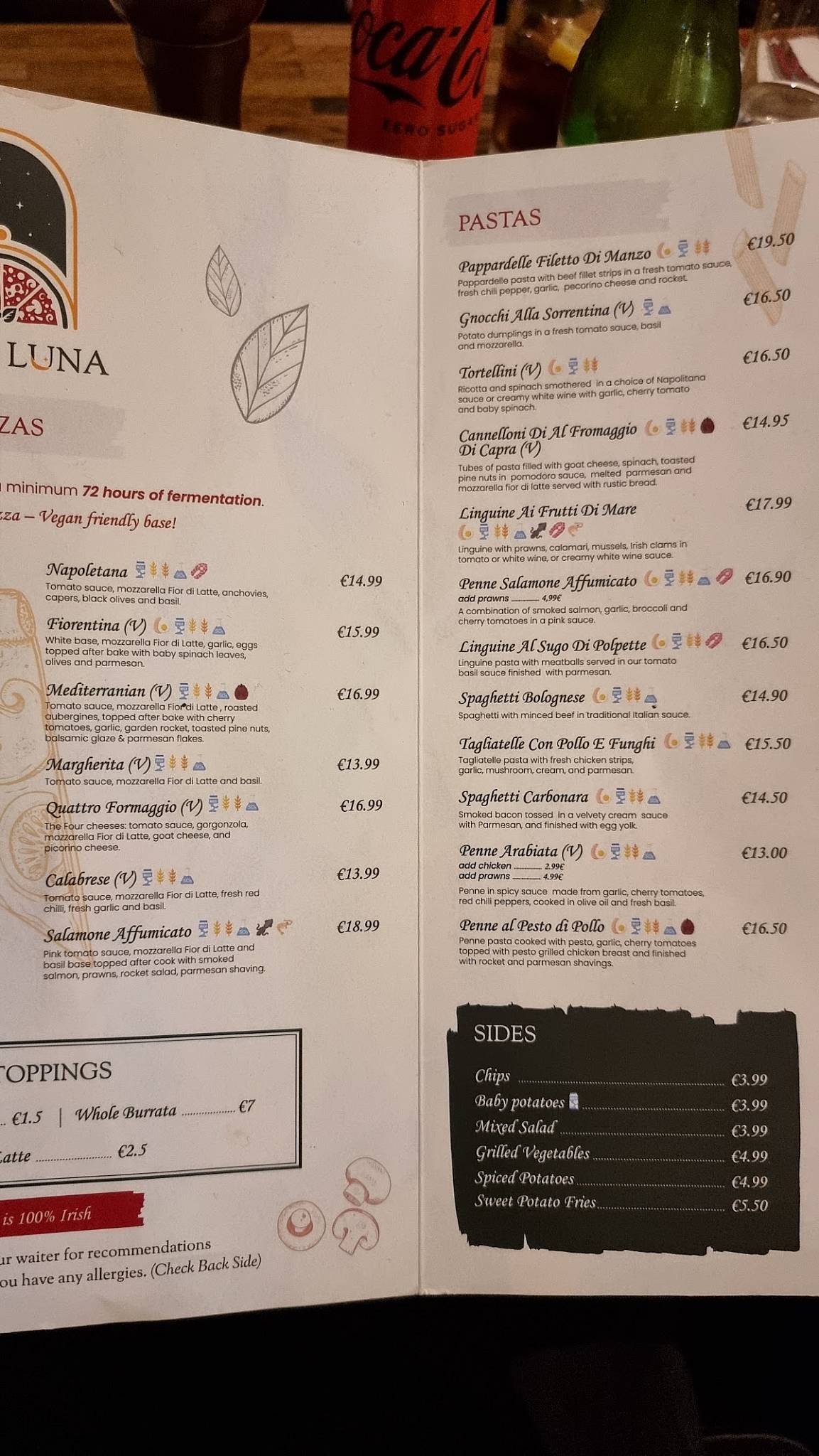 Menu at Casa Luna restaurant, Dundalk