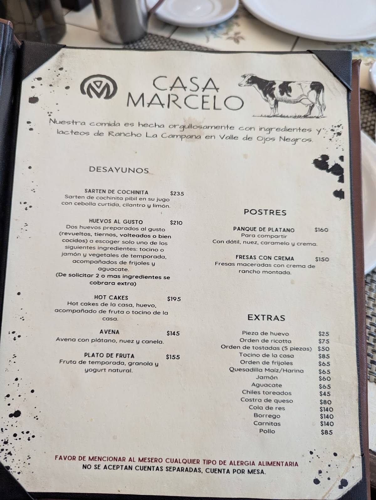 Carta del restaurante Casa Marcelo, Ensenada