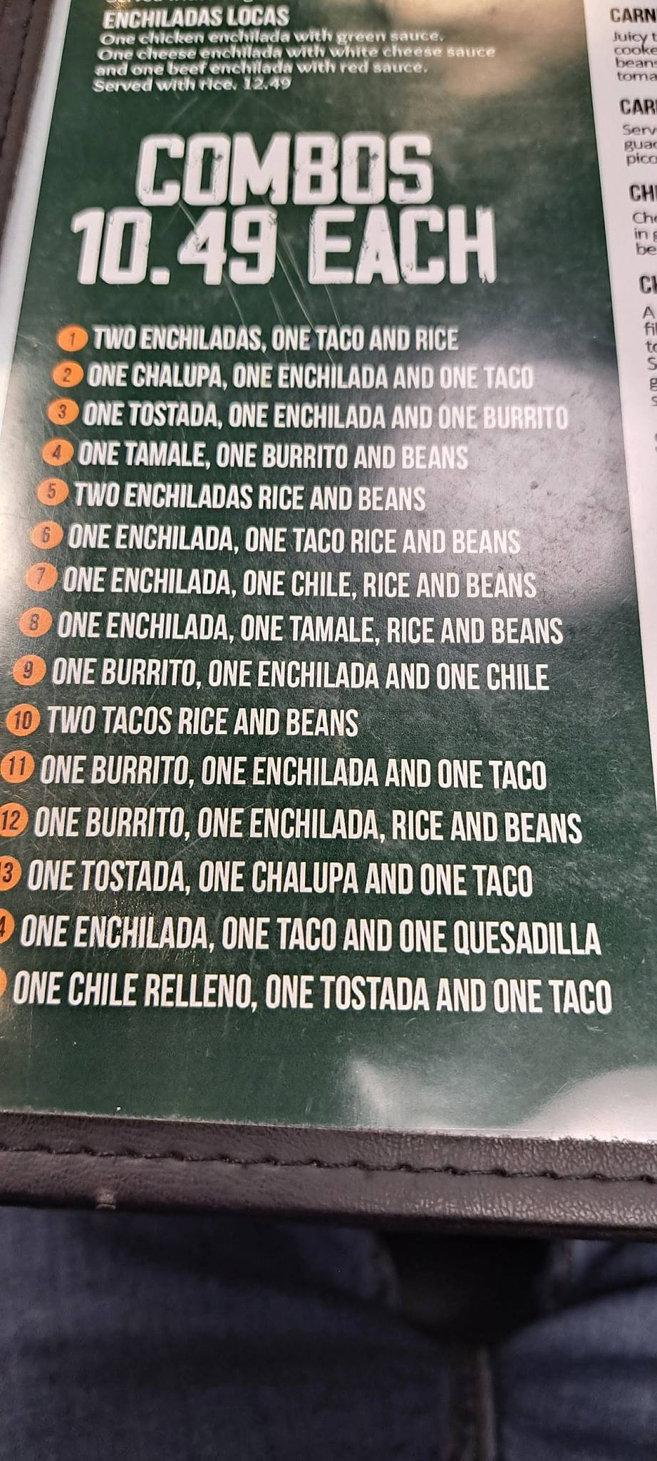 Menu at Casa Mariachi restaurant, Dodge City