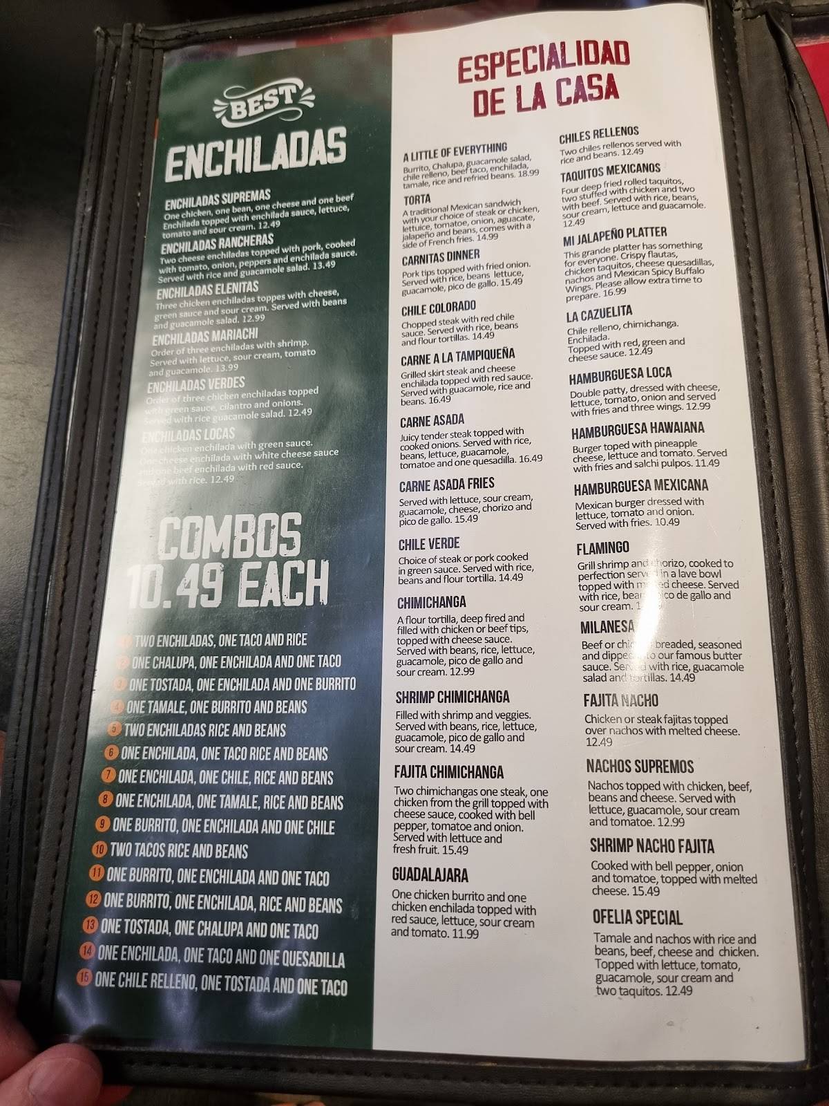 Menu at Casa Mariachi restaurant, Dodge City