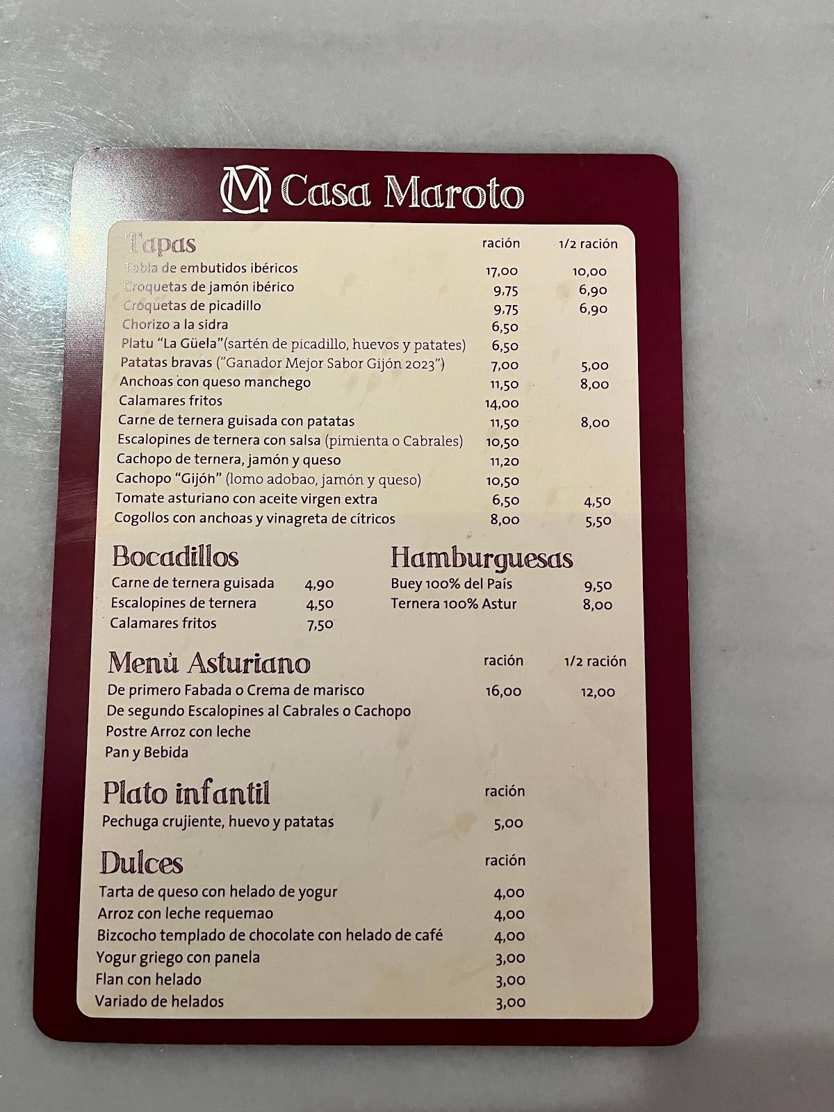 Carta del restaurante Casa Maroto, Gijón