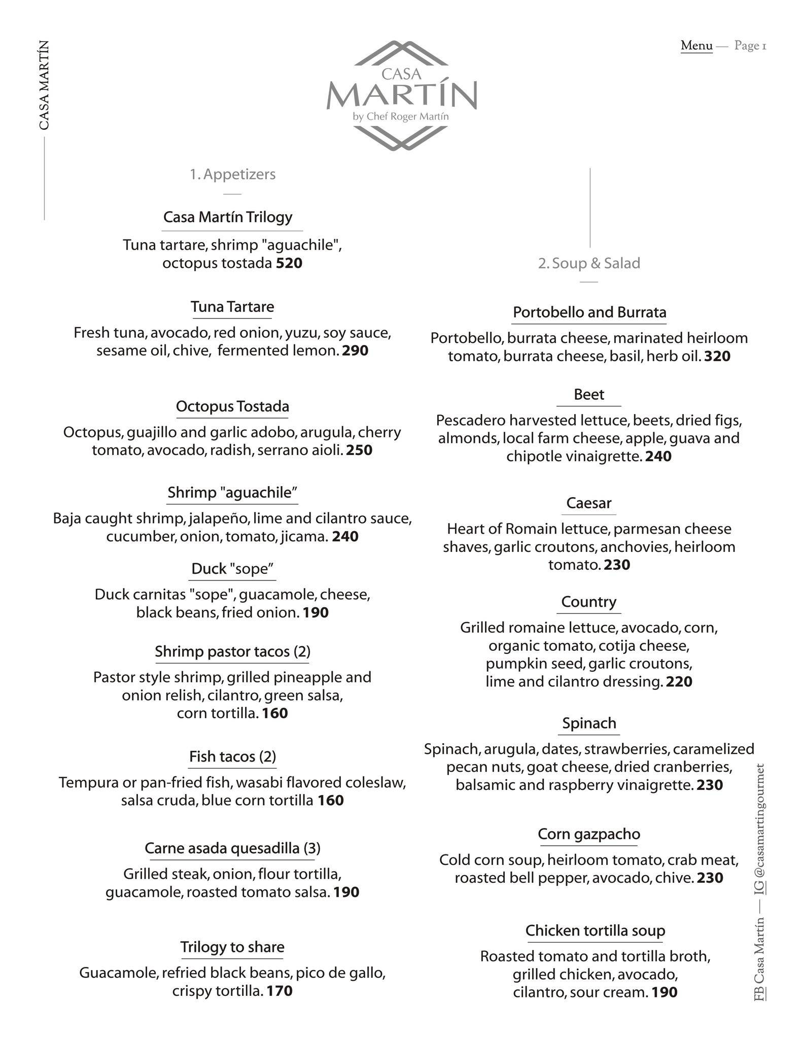 Menu at Casa Martín restaurant, Cabo San Lucas