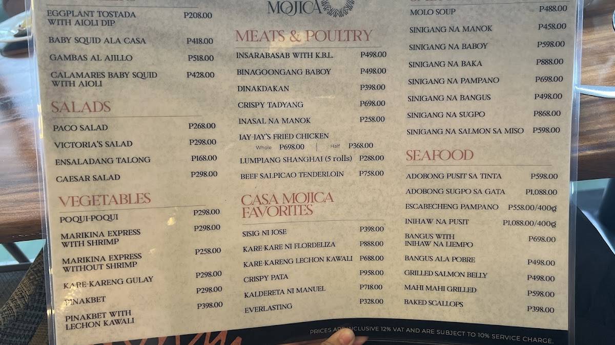 Menu at Casa Mojica restaurant, Marikina
