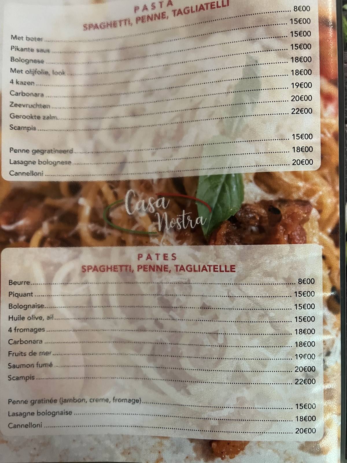 Menu at Casa Nostra, De Panne