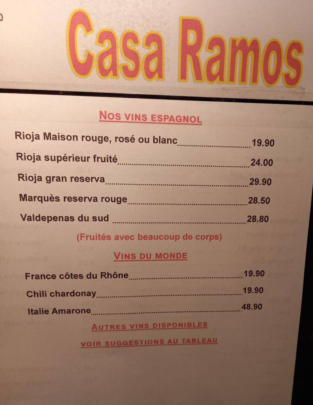 Menu au Casa Ramos, Courcelles