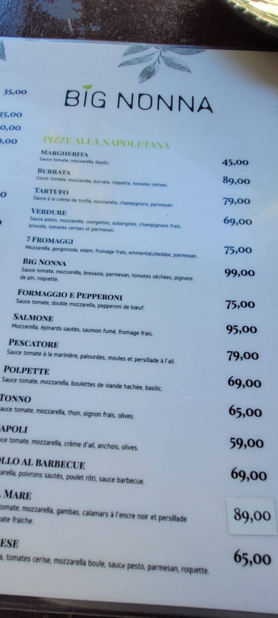 Menu at Big Nonna restaurant, Casablanca