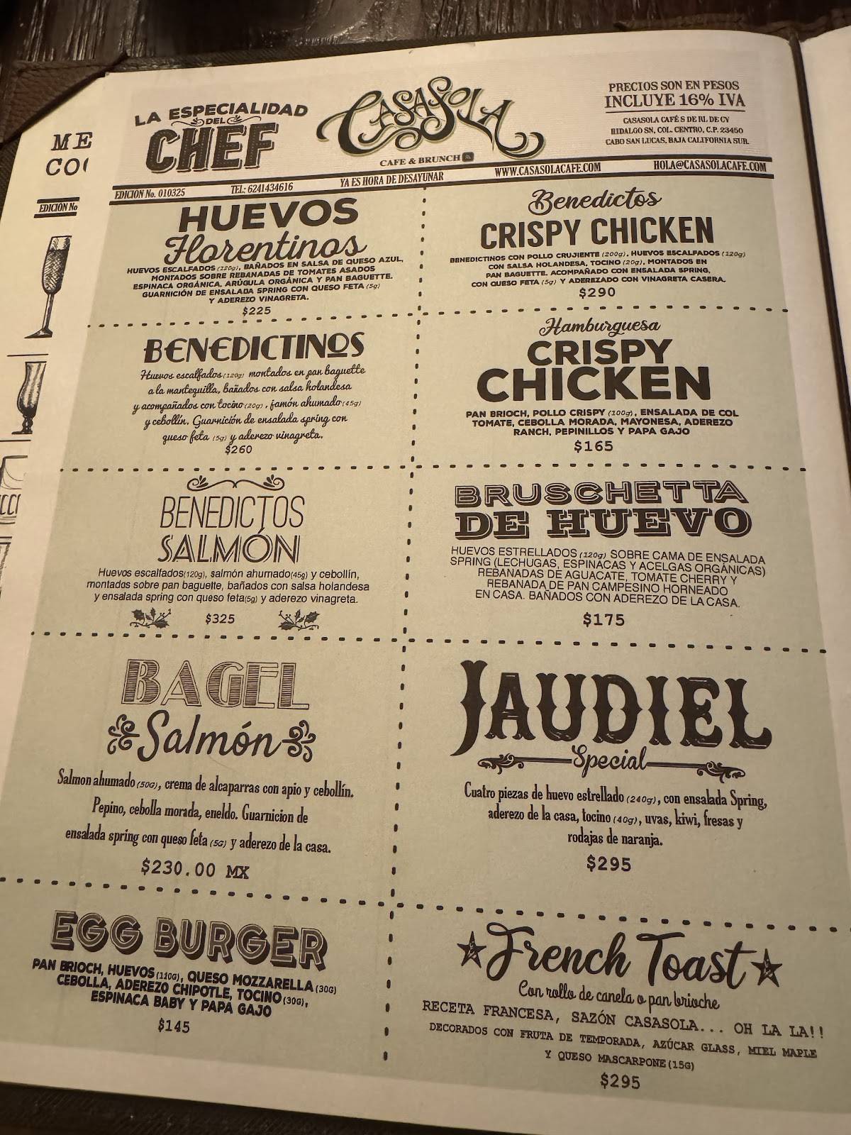 Carta de Casasola Cafe, Cabo San Lucas