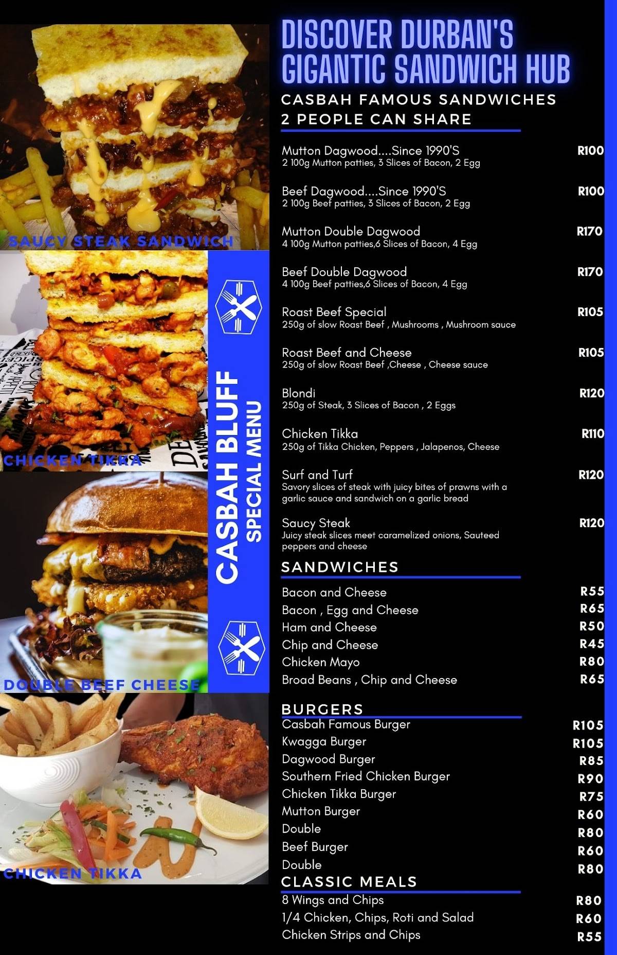 Menu at Casbah restaurant, Durban