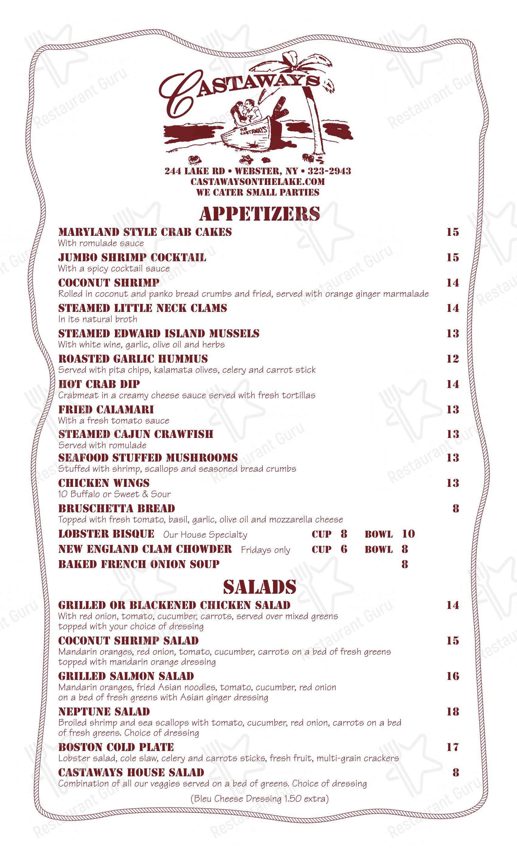 Menu at Castaways On The Lake steakhouse, Rochester