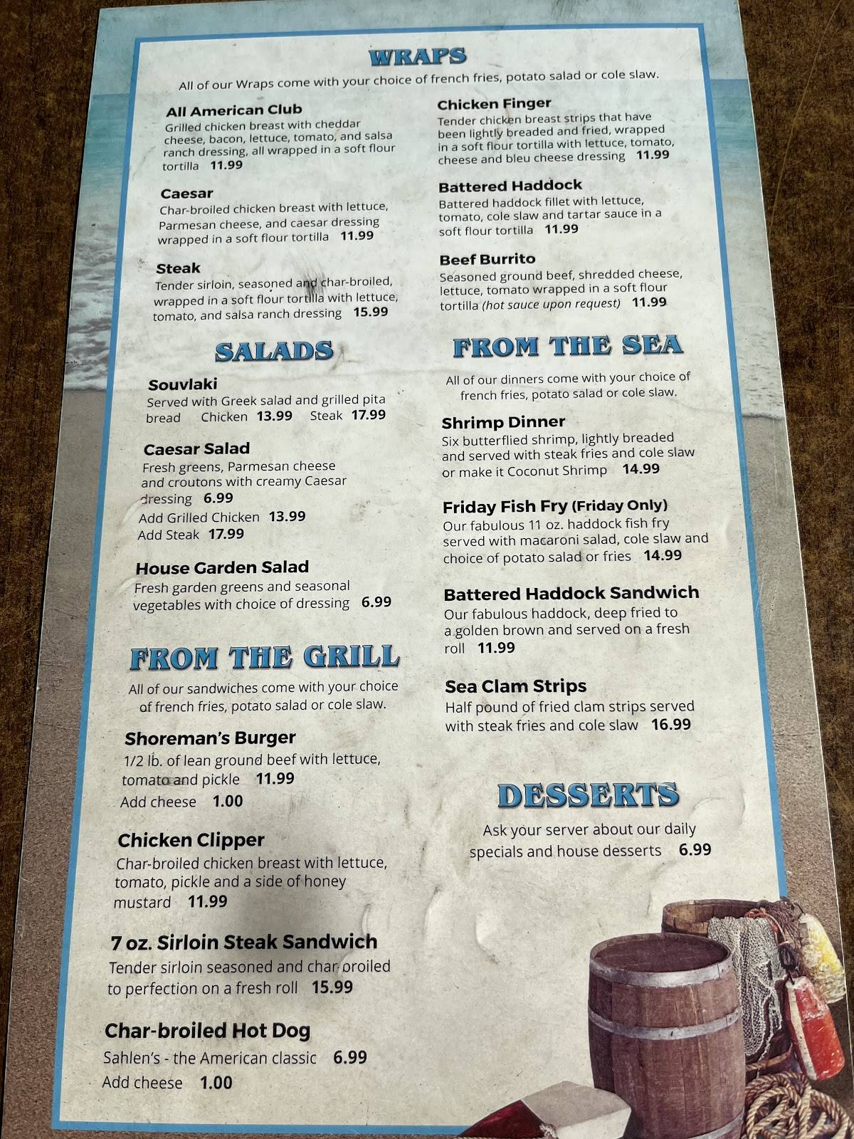 Menu at Castaway's Waterfront Bar and Grill, Lake Erie Beach