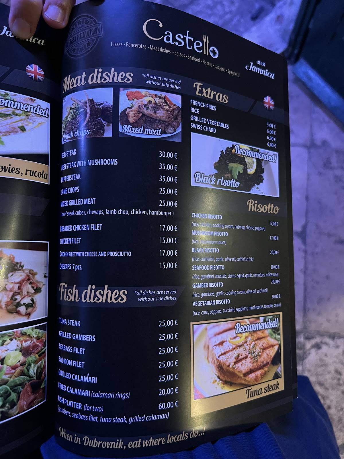 Menu at Castello restaurant, Dubrovnik